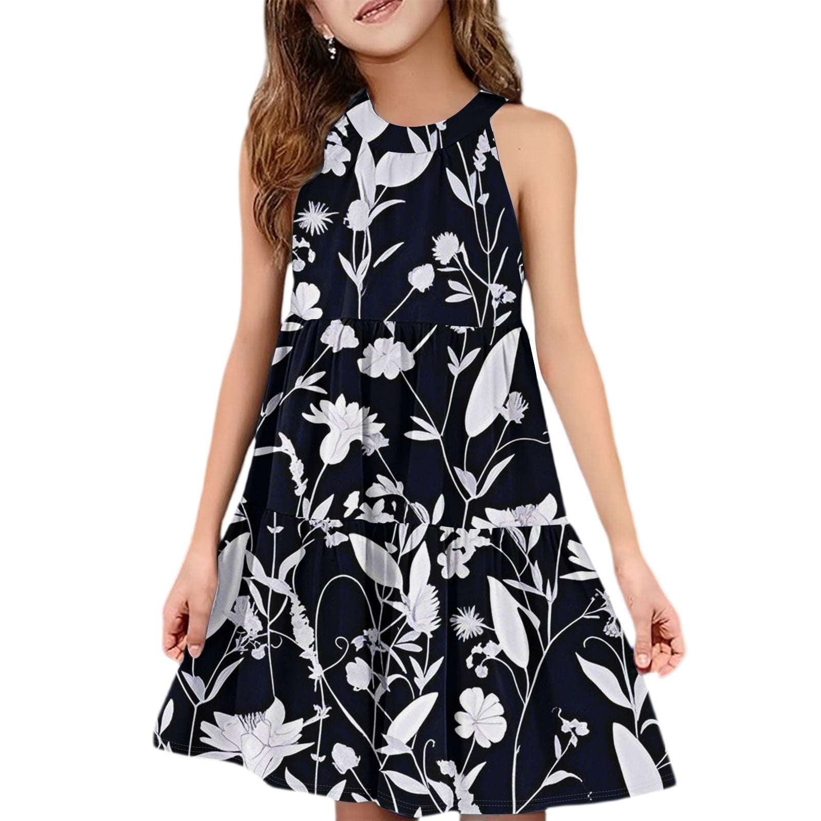 Mlqidk Cute Dresses for Girls Size 10-12 Crew Neck Sleeveless Ruffle ...