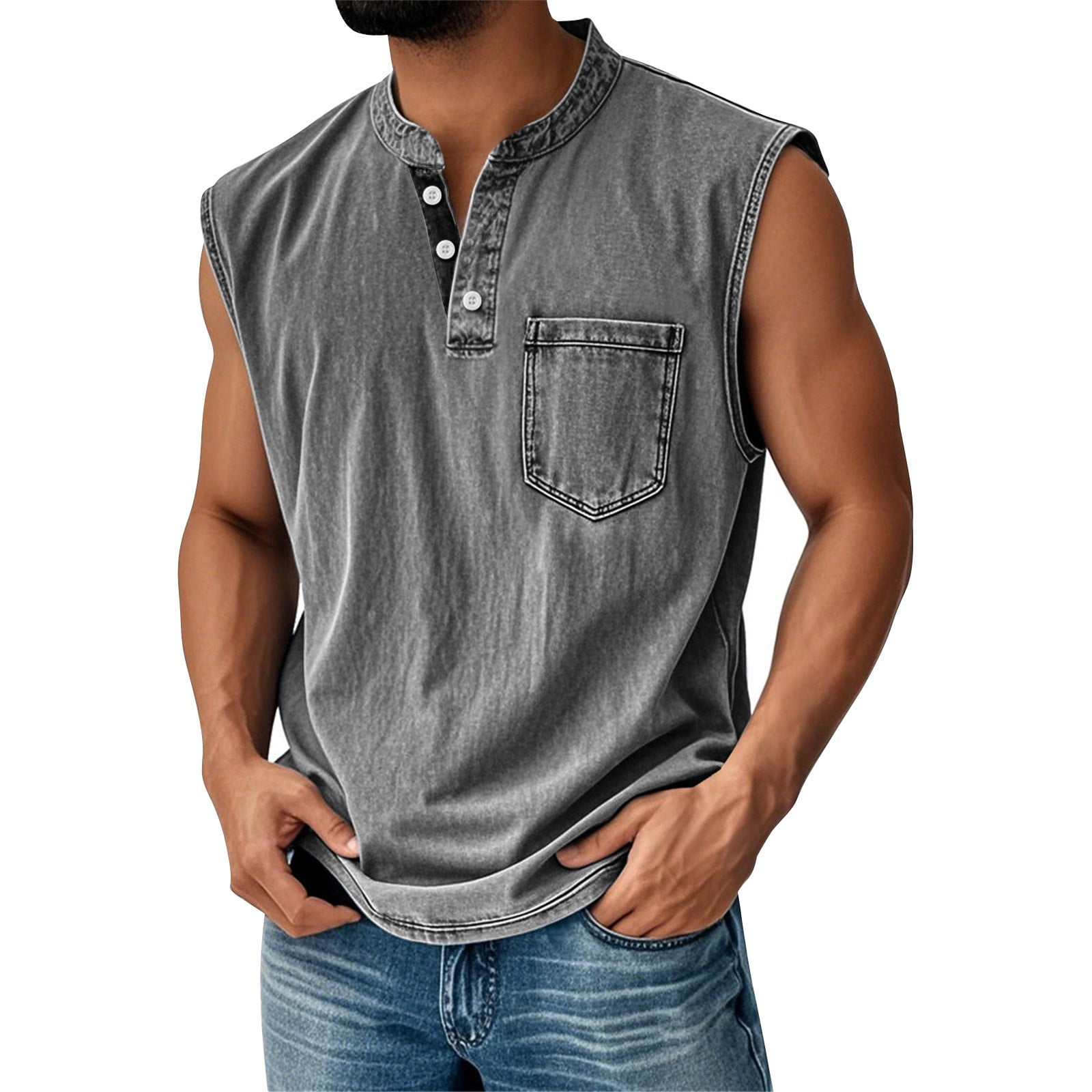 Mlqidk Dark Gray Button Down Tank Top Men V Neck Sleeveless Tank Top ...