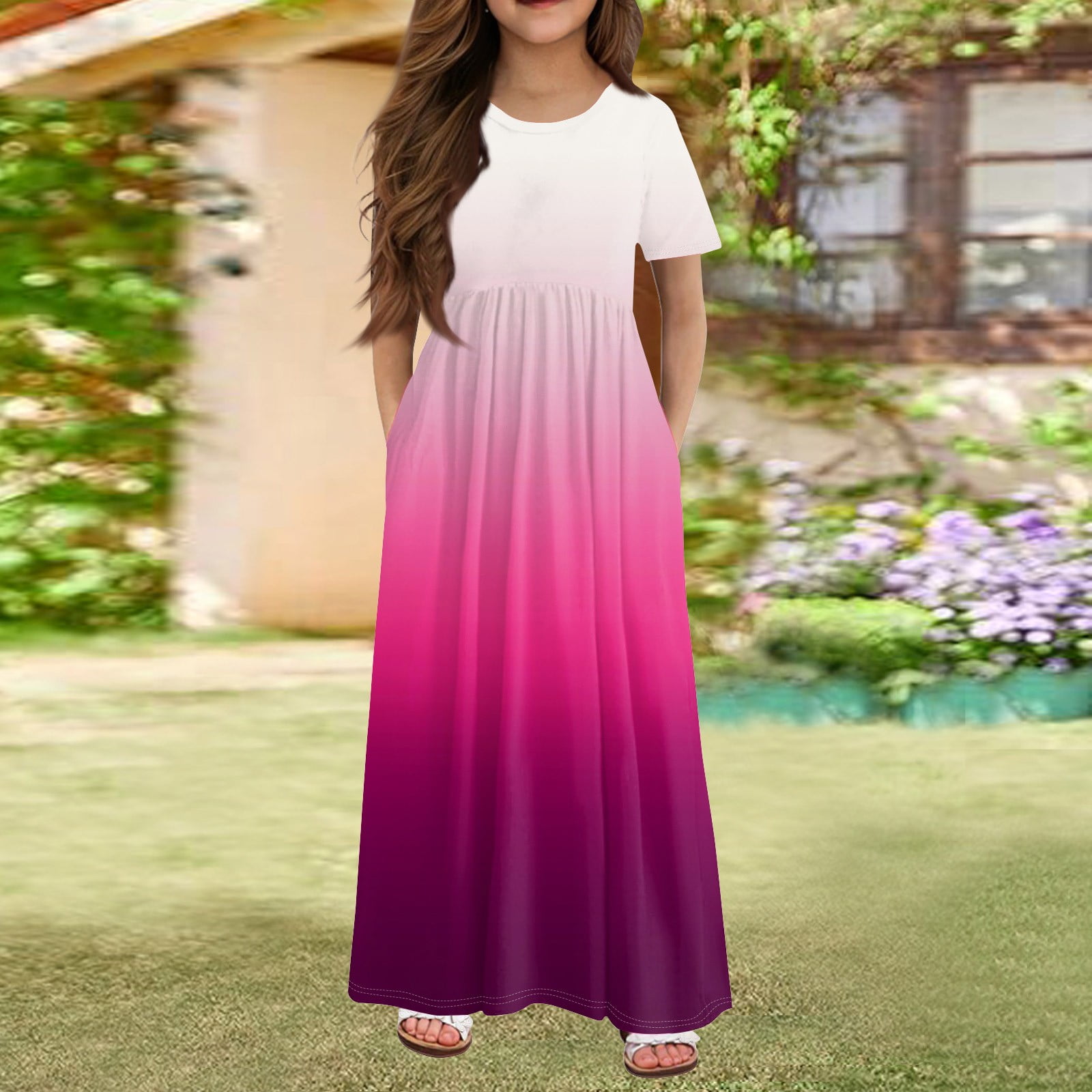 Mlqidk Dress for Girls Size 10-12 Beach Gradient Short Sleeve Dresses ...