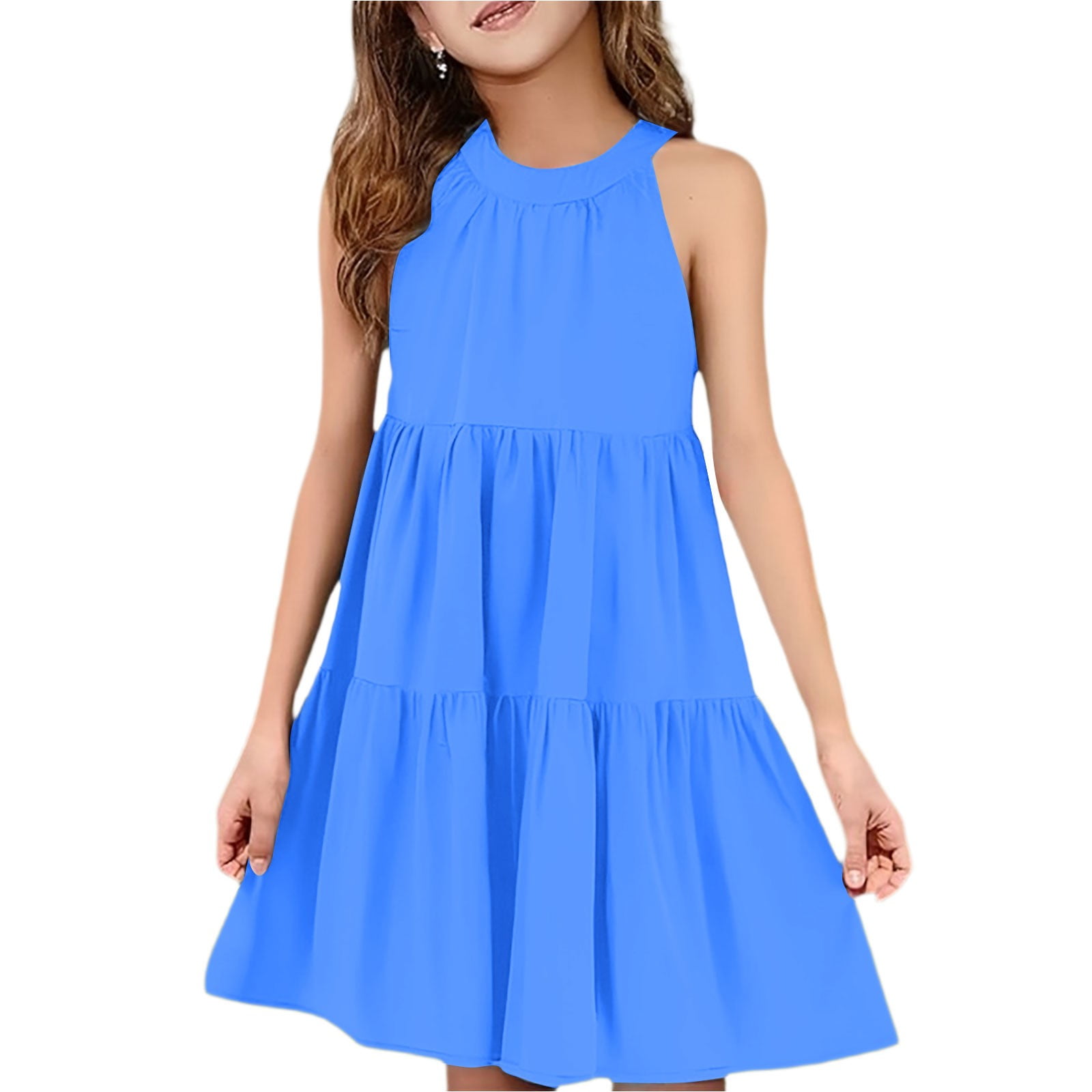 Mlqidk Dress for Girls Size 10-12 Crew Neck Sleeveless Ruffle a Line ...