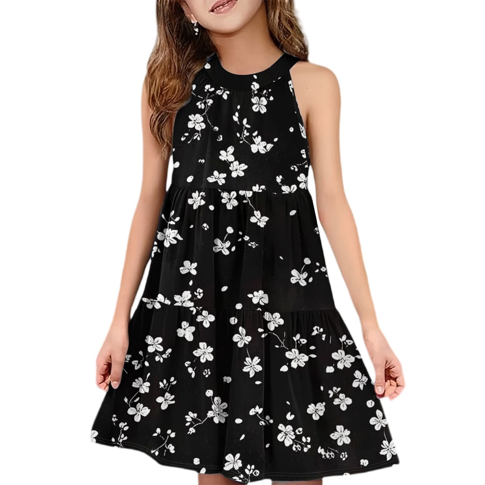 Mlqidk Dress for Girls Size 10-12 Crew Neck Sleeveless Ruffle Tie Back ...