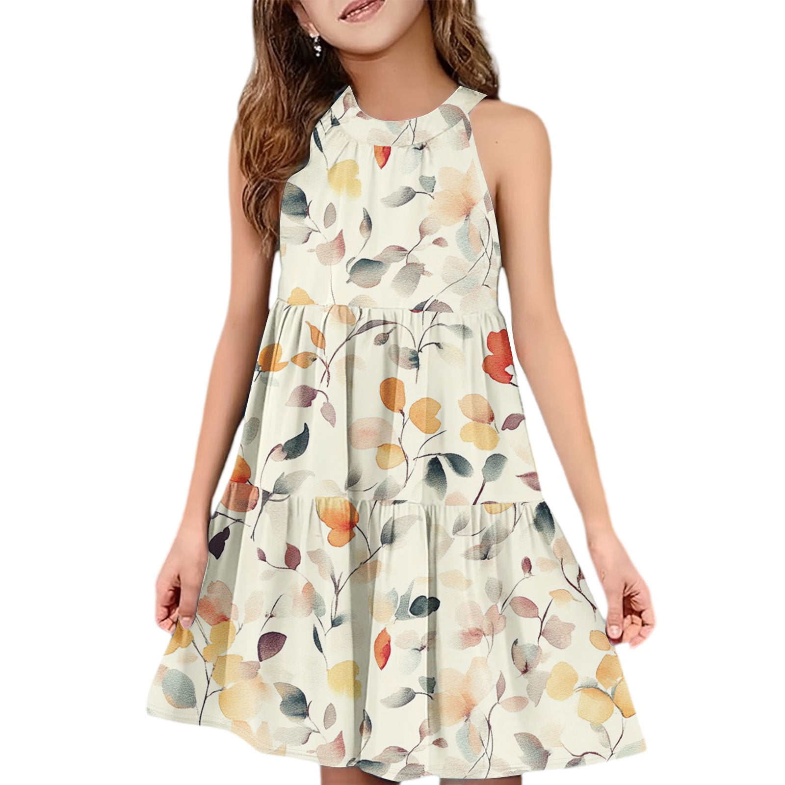 Mlqidk Dresses for Girls Size 10-12 Crew Neck Sleeveless Ruffle A-Line ...