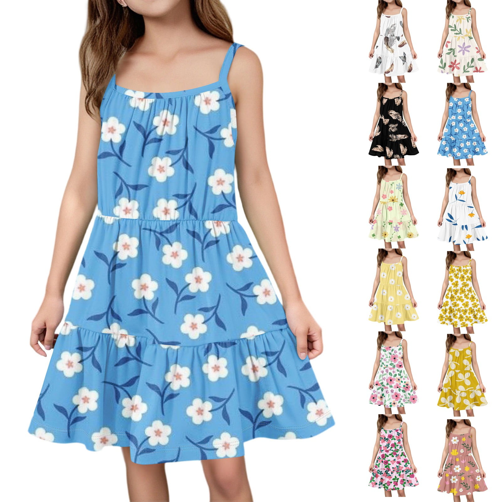 Mlqidk Girls Dresses Size 10-12 Beach Ruffle Floral Print Sleeveless ...