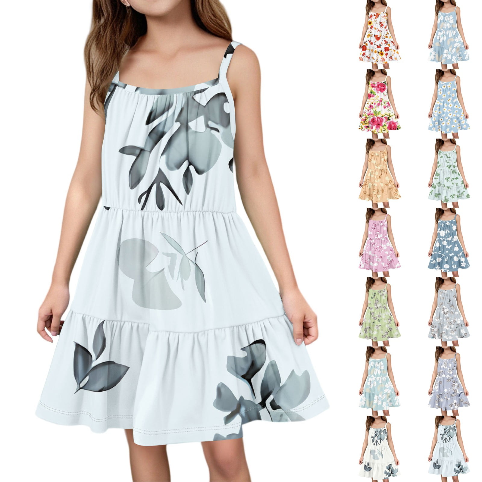Mlqidk Girls Dresses Size 10-12 Beach Ruffle Floral Print Sleeveless ...