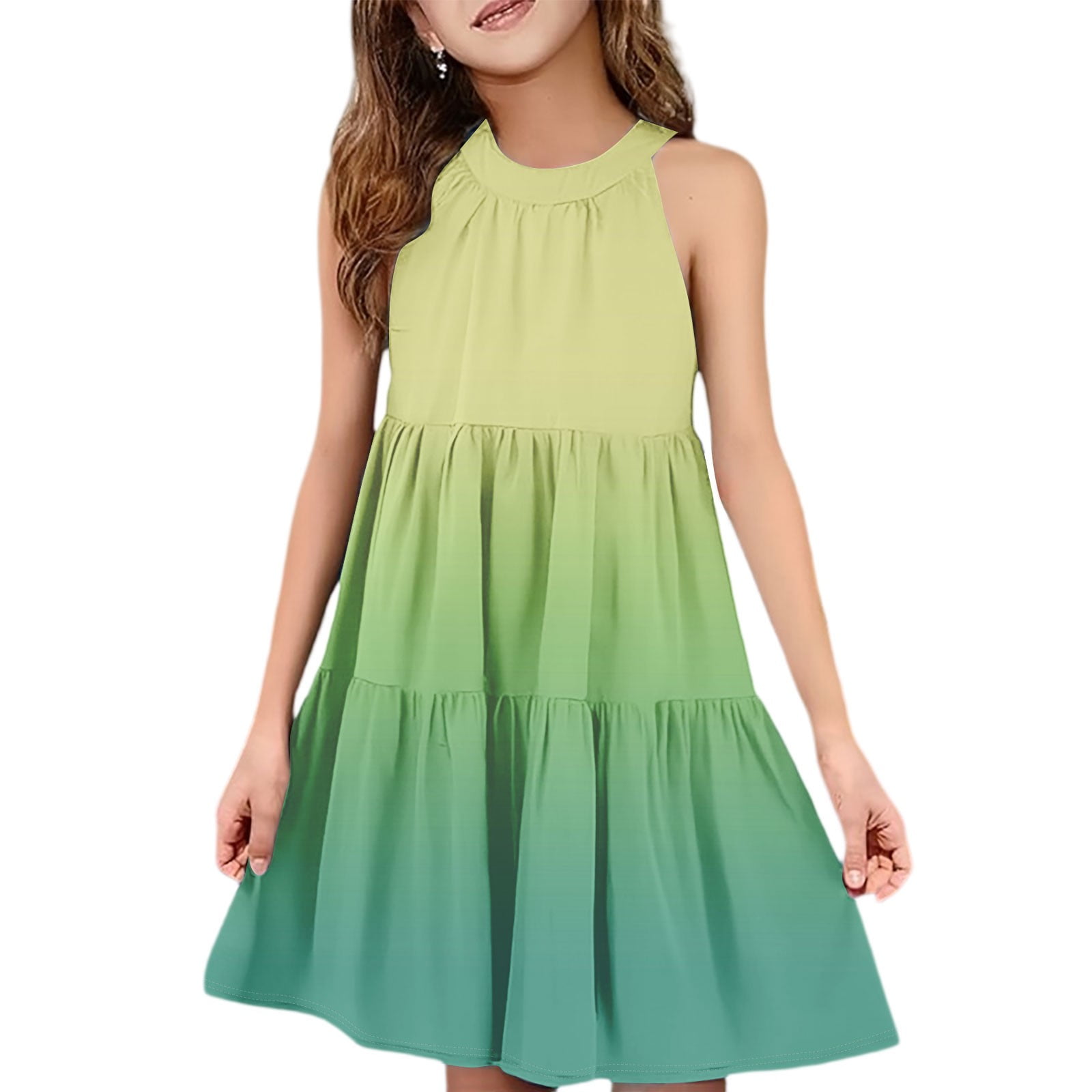 Mlqidk Girls Dresses Size 10-12 Crew Neck Sleeveless Ruffle Preppy ...
