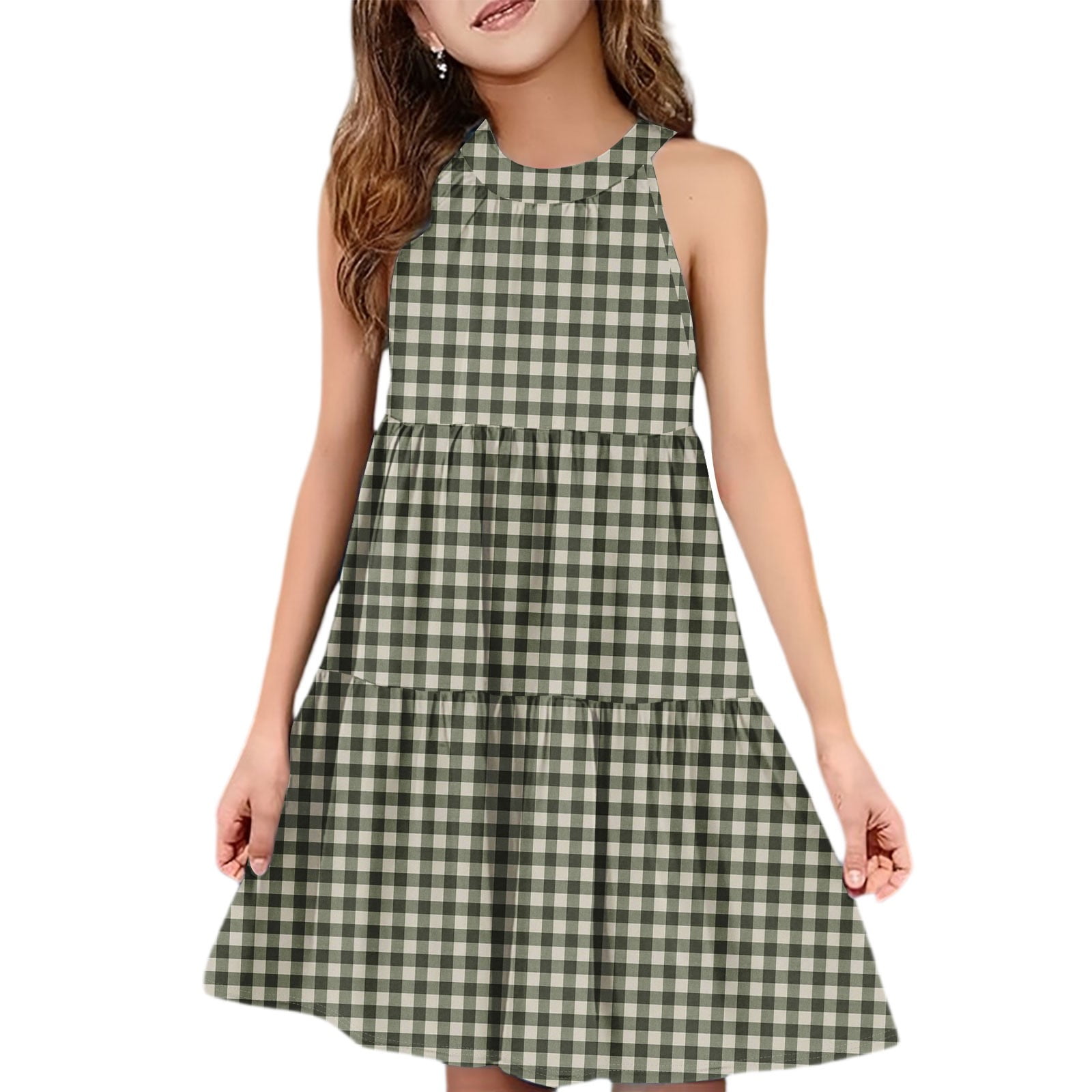 Mlqidk Girls Dresses Size 10-12 Crew Neck Sleeveless Ruffle Preppy ...