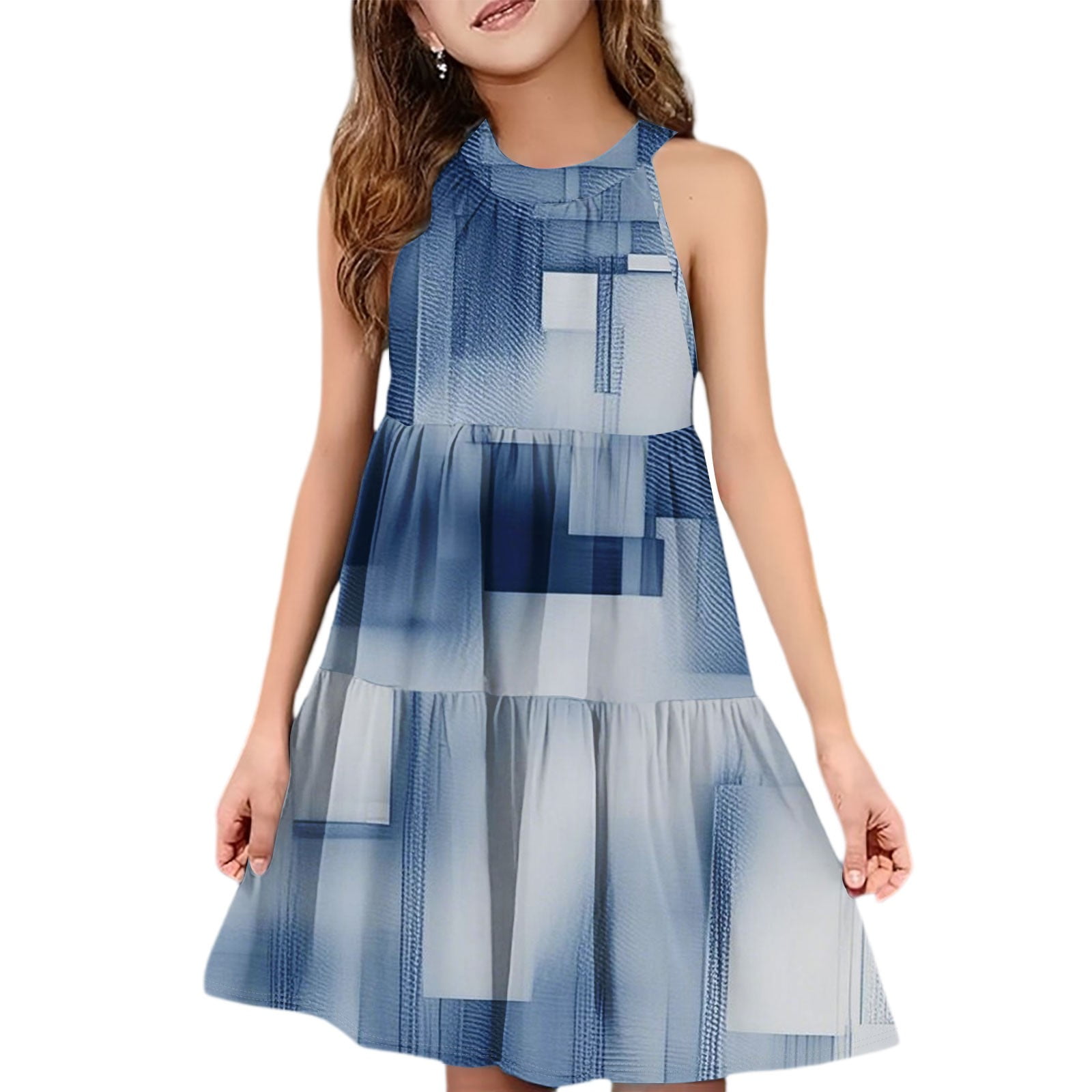 Mlqidk Girls Dresses Size 10-12 Crew Neck Sleeveless Ruffle Preppy ...