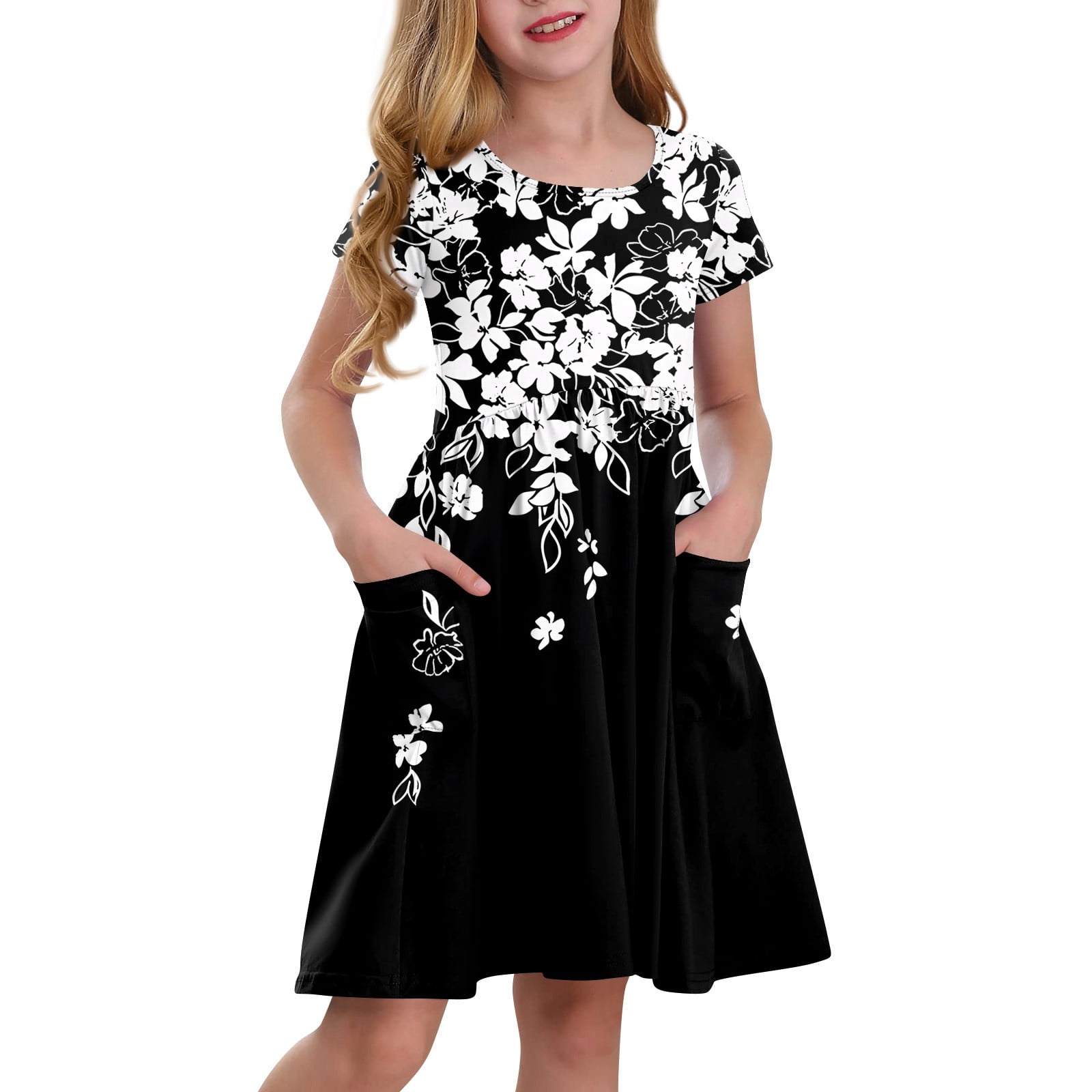 Mlqidk Girls Dresses Size 10-12 Twirl Cute floral print Short Sleeve ...