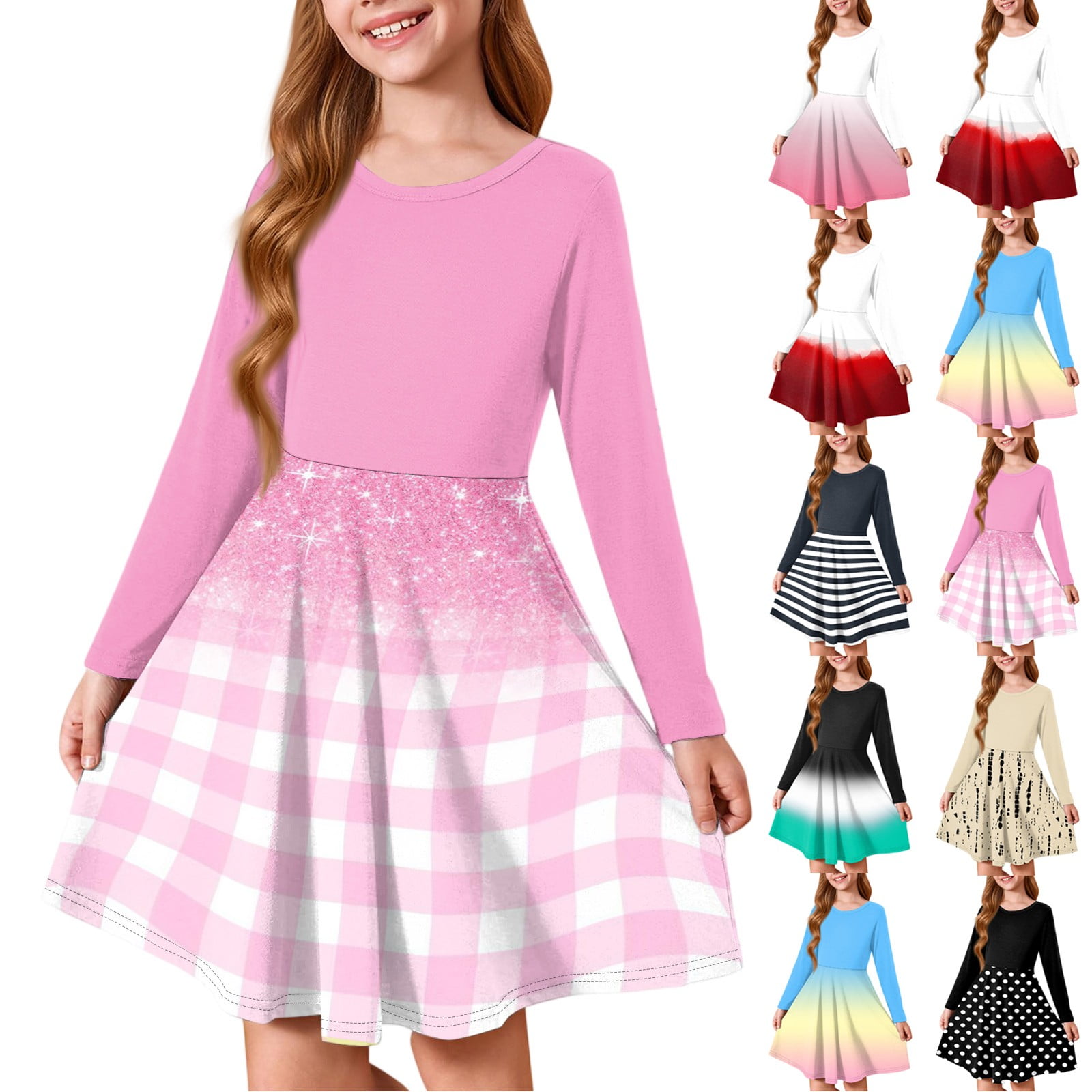 Mlqidk Girls Long Sleeve Dresses Size 10-12 Crew Neck Twirly Dress ...