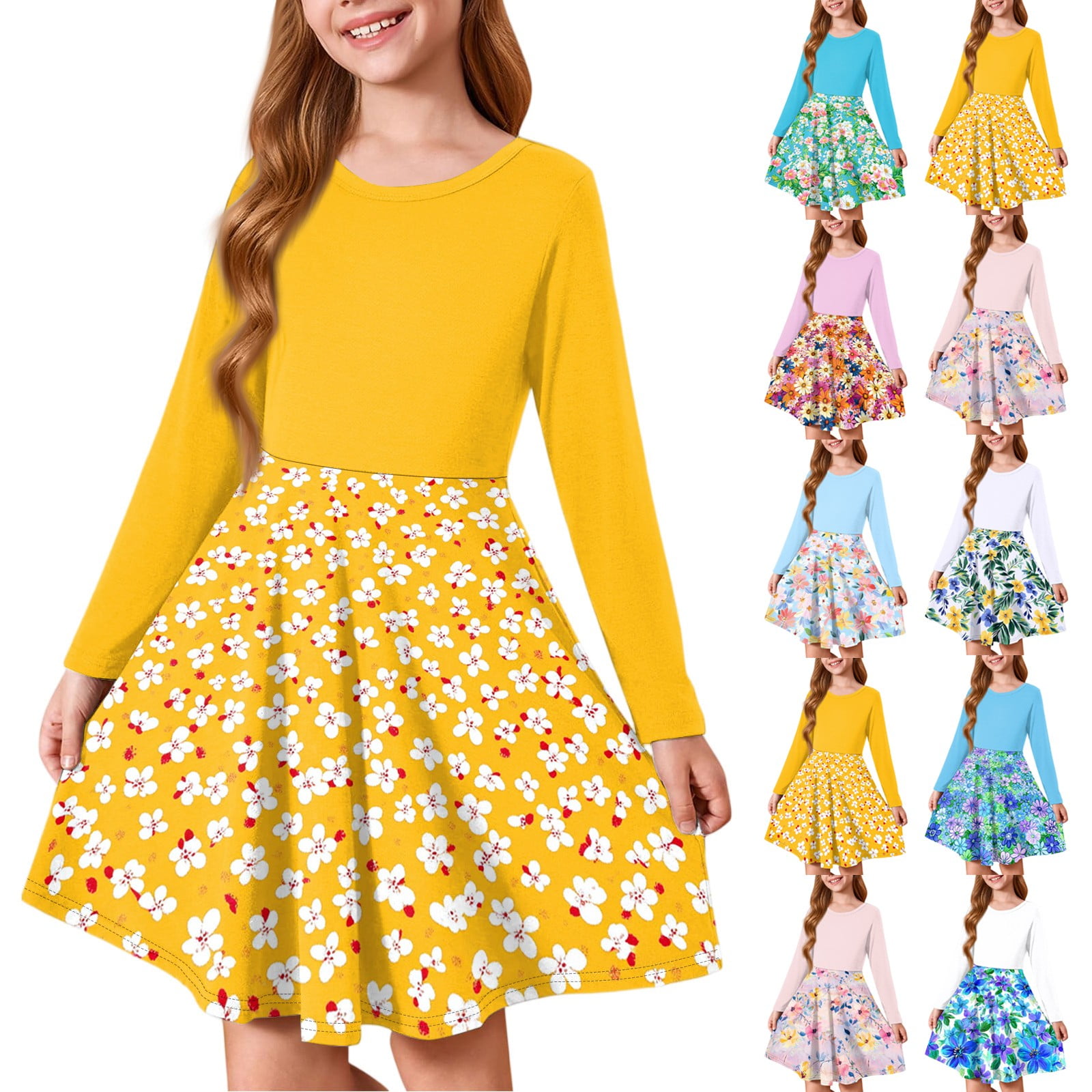 Mlqidk Girls Long Sleeve Skater Dress Size 10-12 Crew Neck Twirly ...