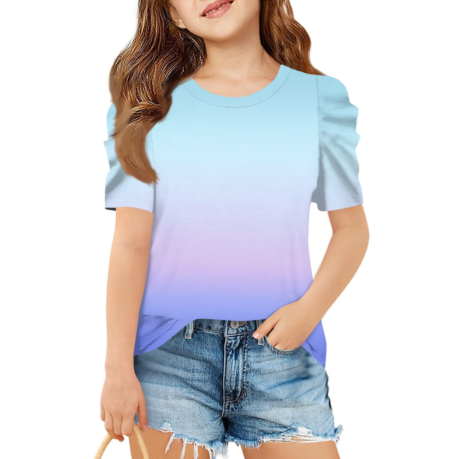 Mlqidk Girls Puff Sleeve Shirts Crew Neck Tees Comfy Solid Cute Kids Shirts Summer Casual Blouse ...