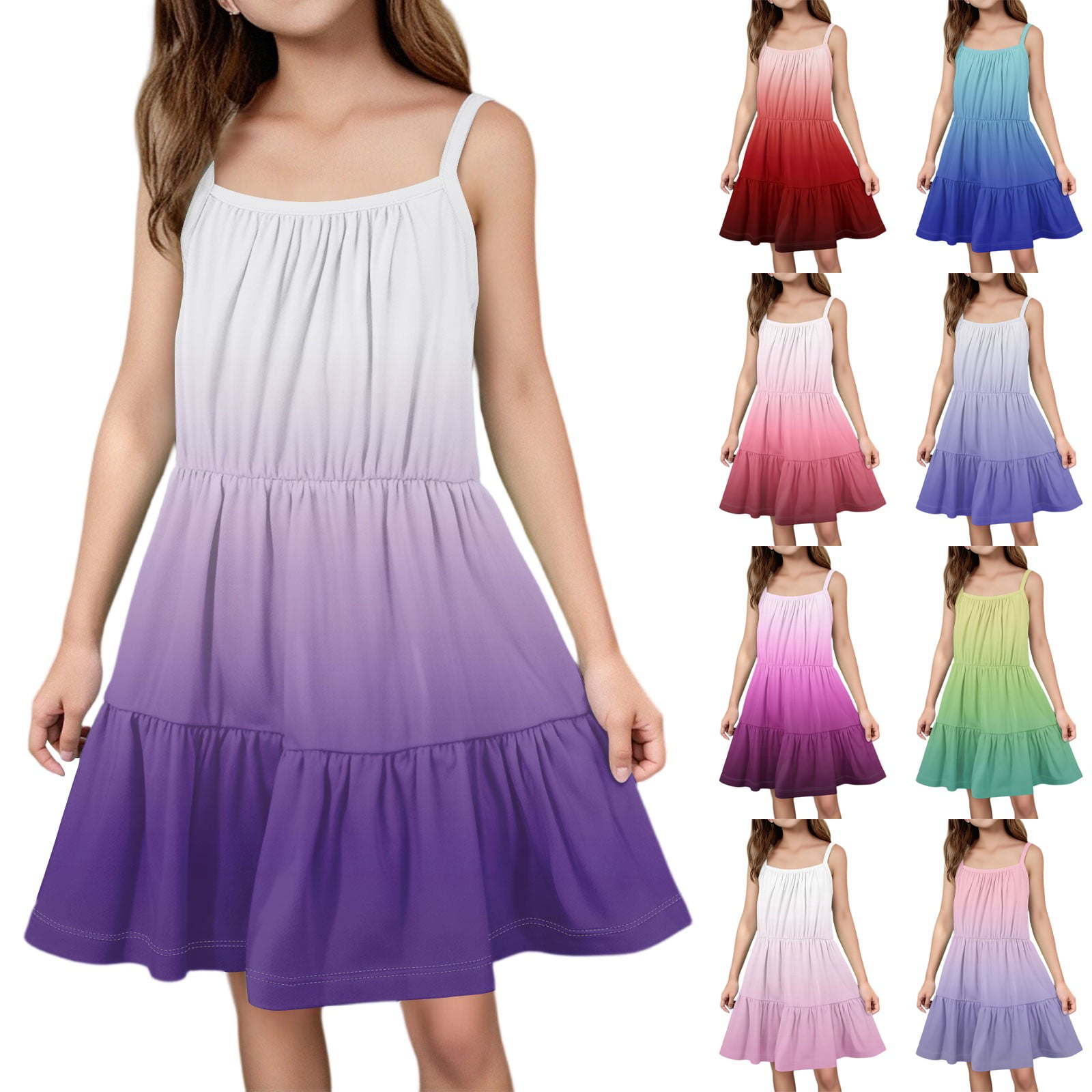 Mlqidk Girls Summer Dress Size 10-12 Beach Ruffle Gradient Sleeveless ...
