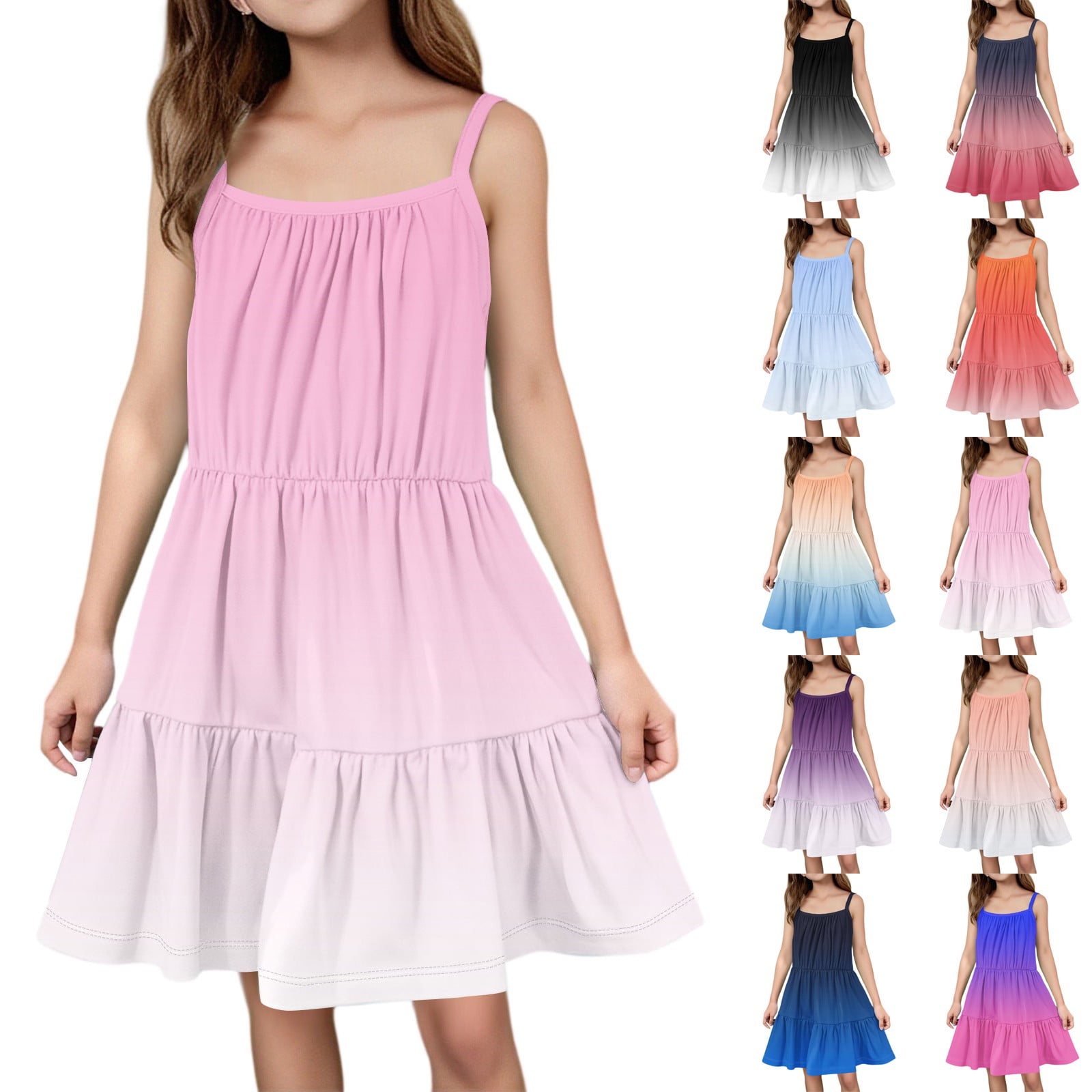 Mlqidk Girls Summer Dress Size 10-12 Beach Ruffle Gradient Sleeveless ...