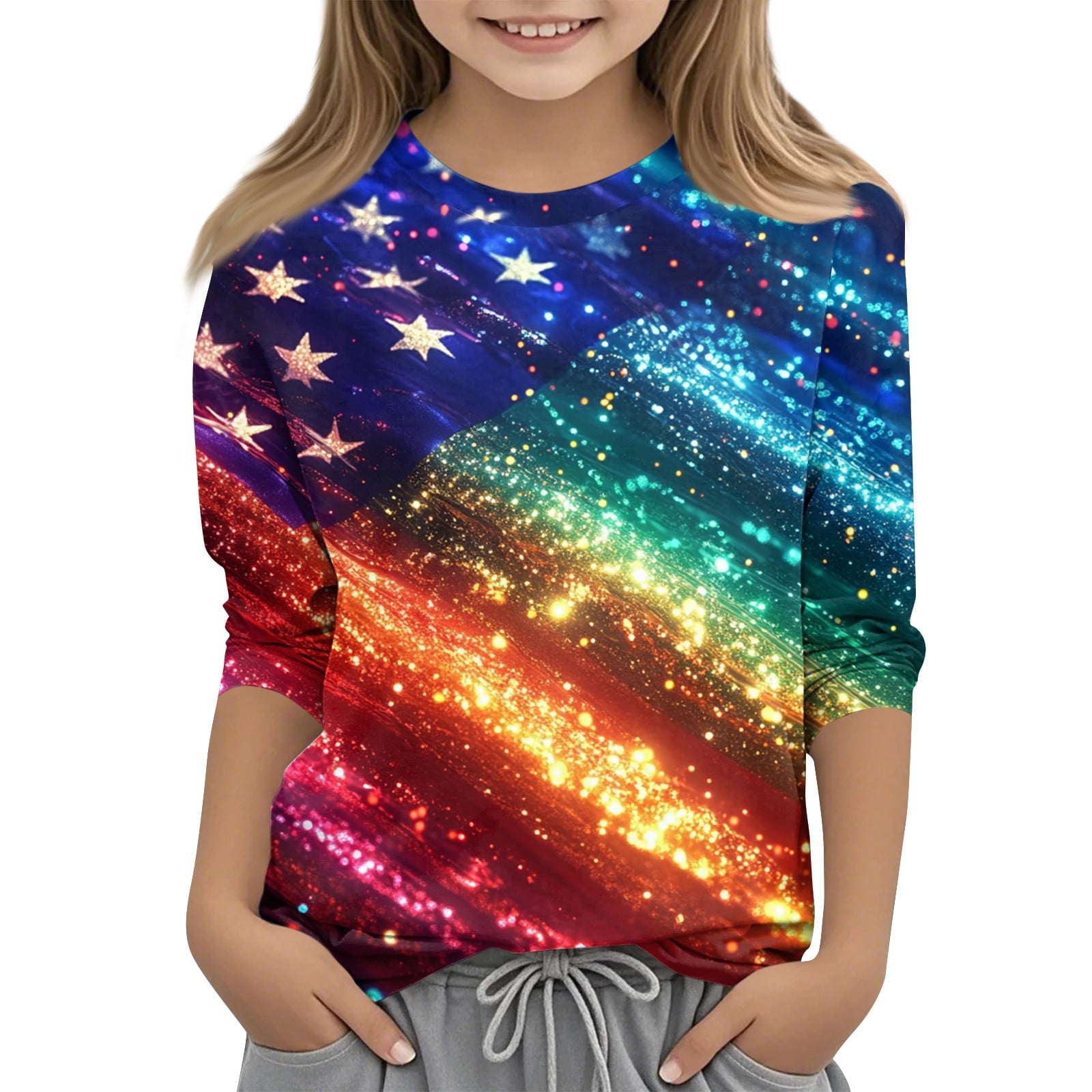 Mlqidk Girls Summer T Shirts Kids 3/4 Sleeve American Flag 4th Of July ...