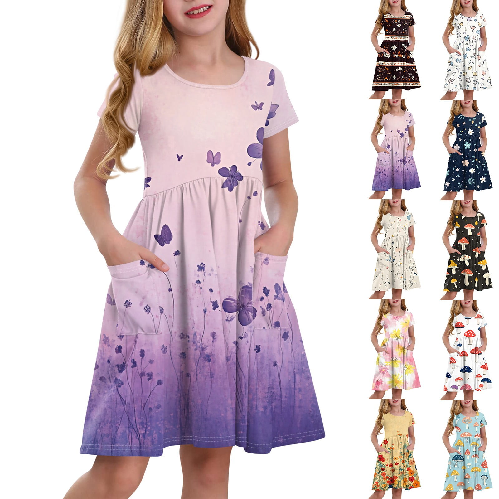 Mlqidk Girls Sundress Size 10-12 Twirl Cute floral print Short Sleeve ...