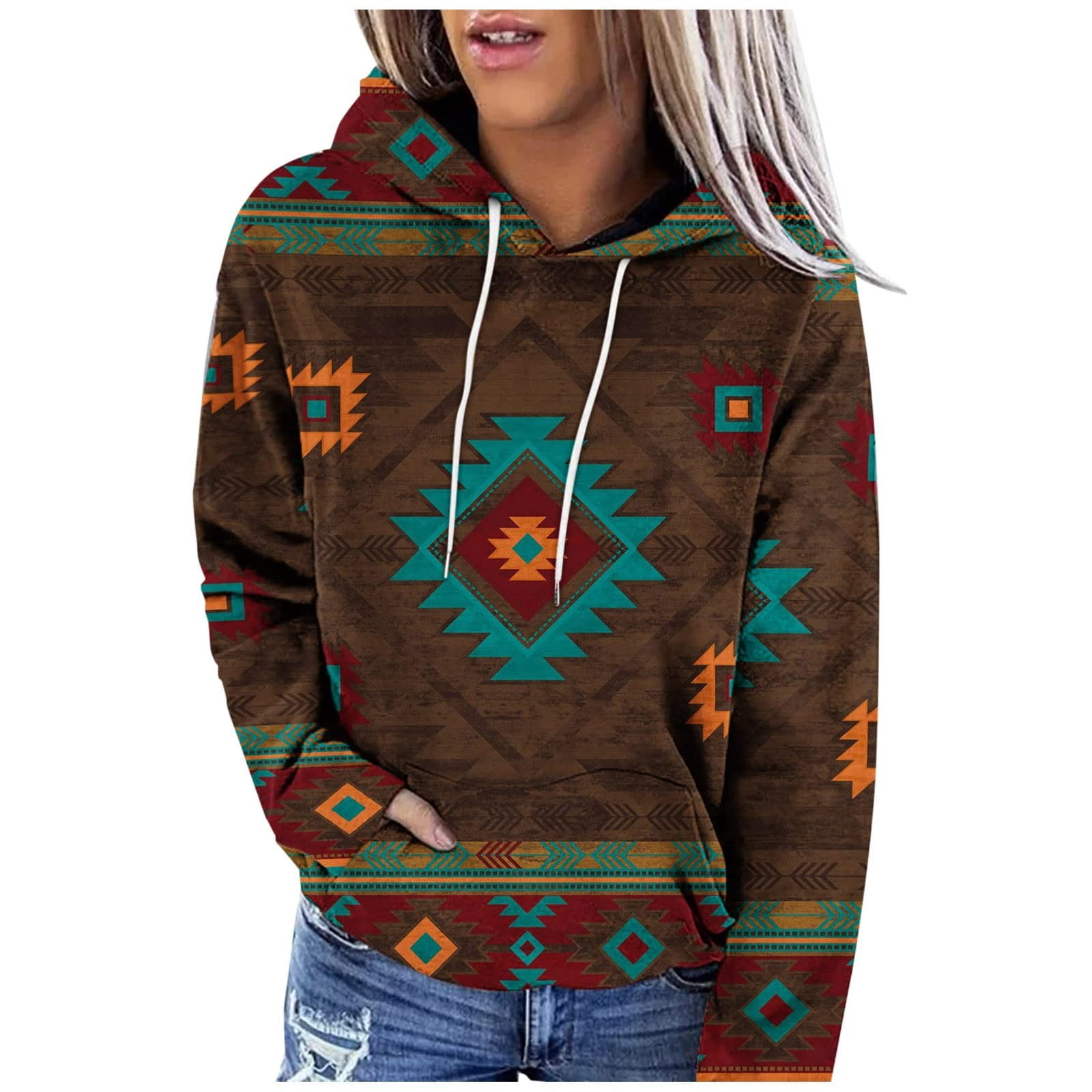 Mlqidk Hoodies For Women Western Aztec Geometric Print Tops Pullover