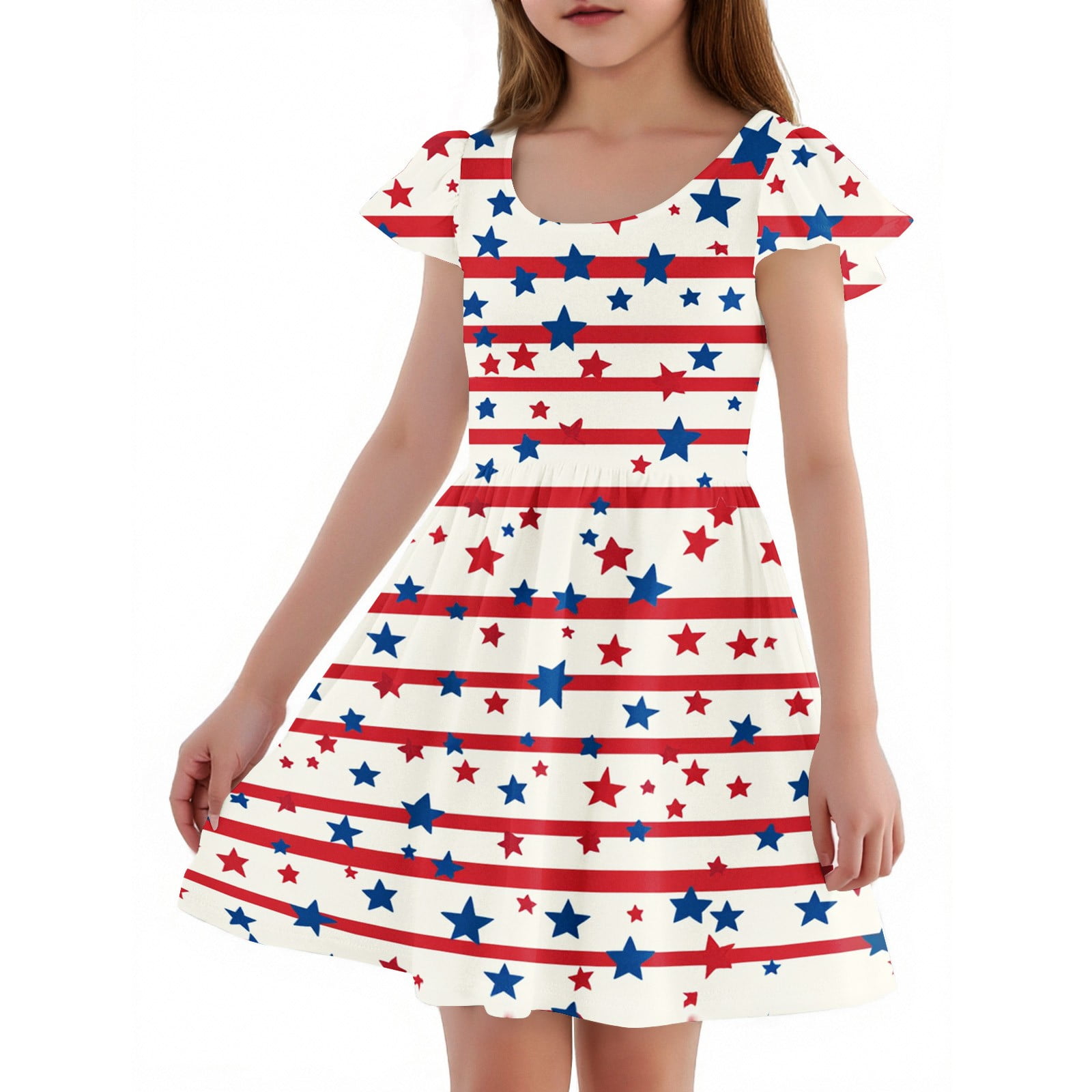 Mlqidk Independence Day Dress for Girls American Flag Crew Neck Flutter ...
