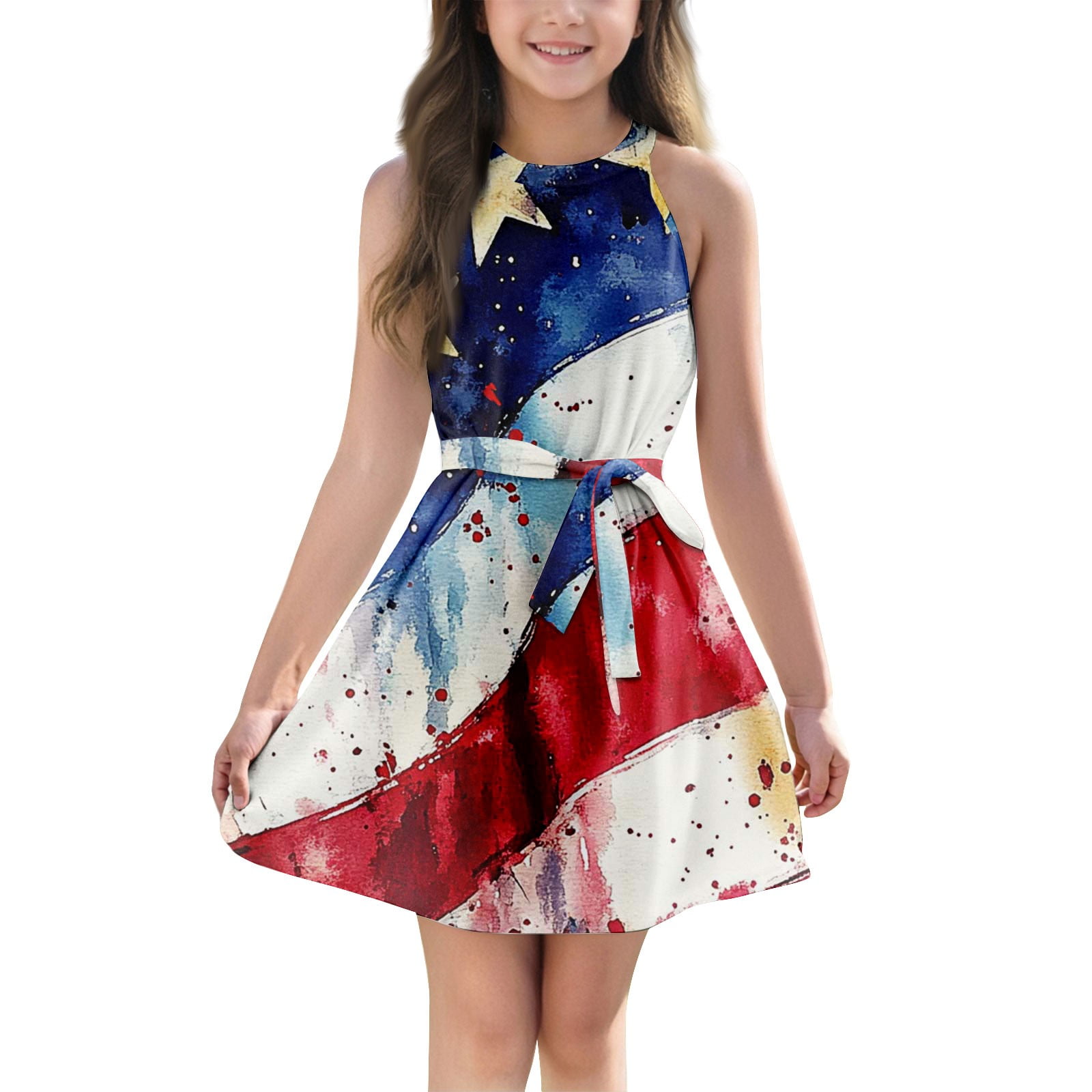Mlqidk Independence Day Dress for Girls American Flag Halter Sleeveless ...