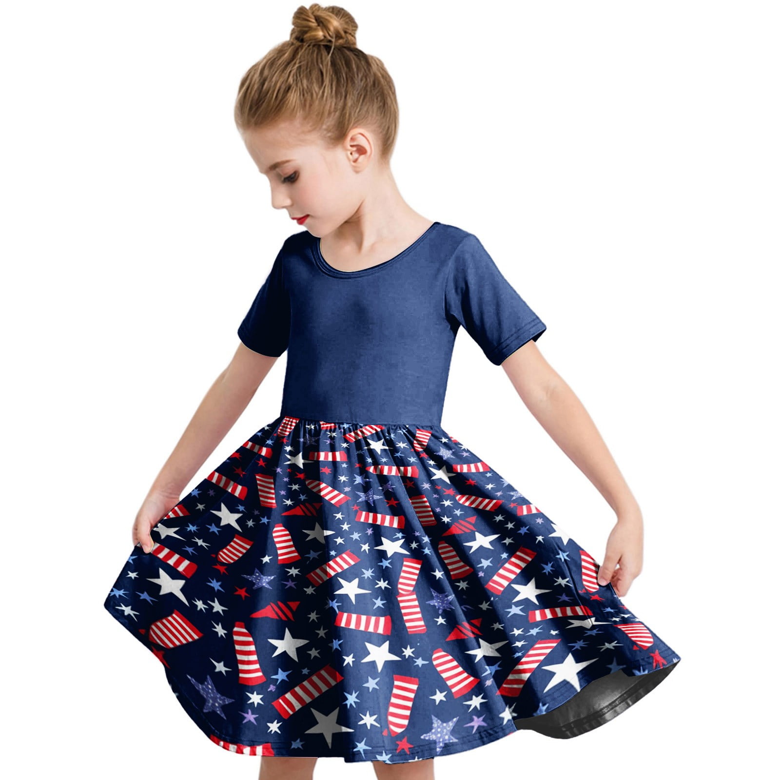 Mlqidk Independence Day Dress for Girls Patriotic Crew Neck Short ...