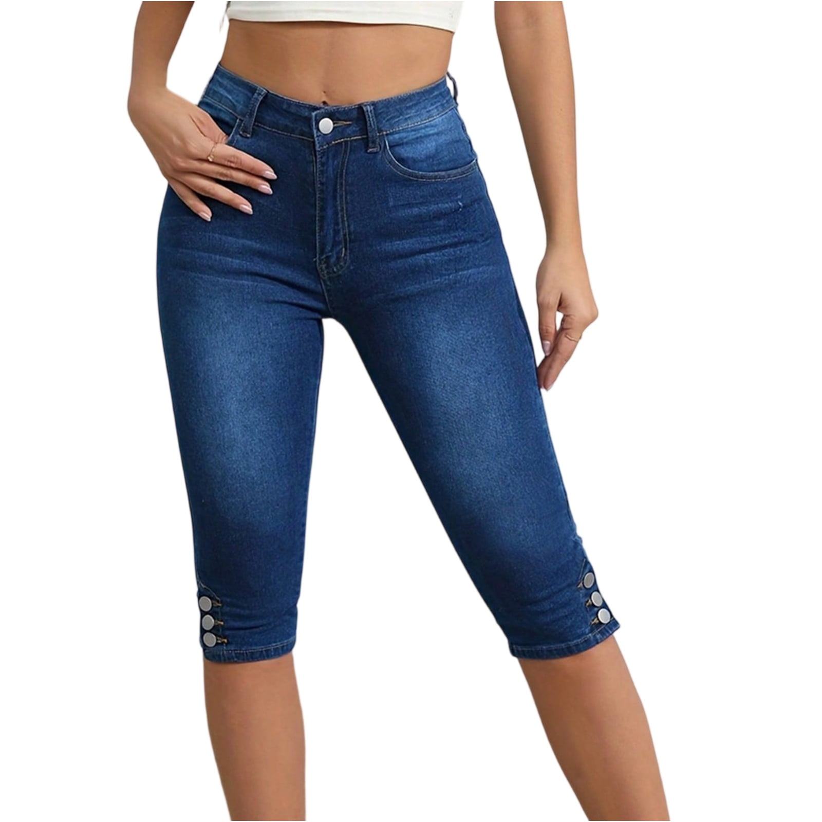 Mlqidk Jean Capris for Women Casual Elastic Button Waist Skinny Capri ...
