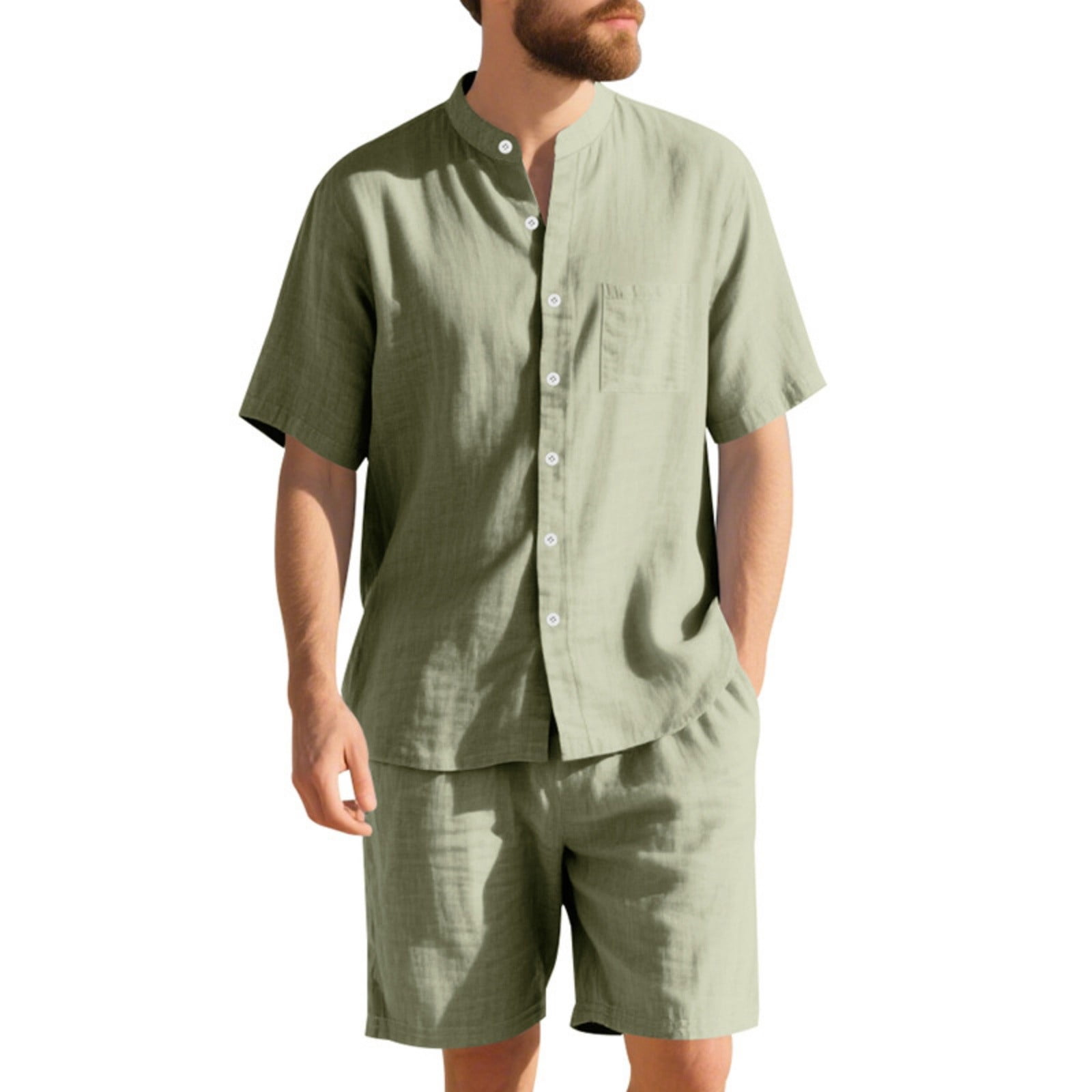 Mlqidk Men Linen Sets Outfits 2 Piece Beach Casual Short Sleeve Button ...