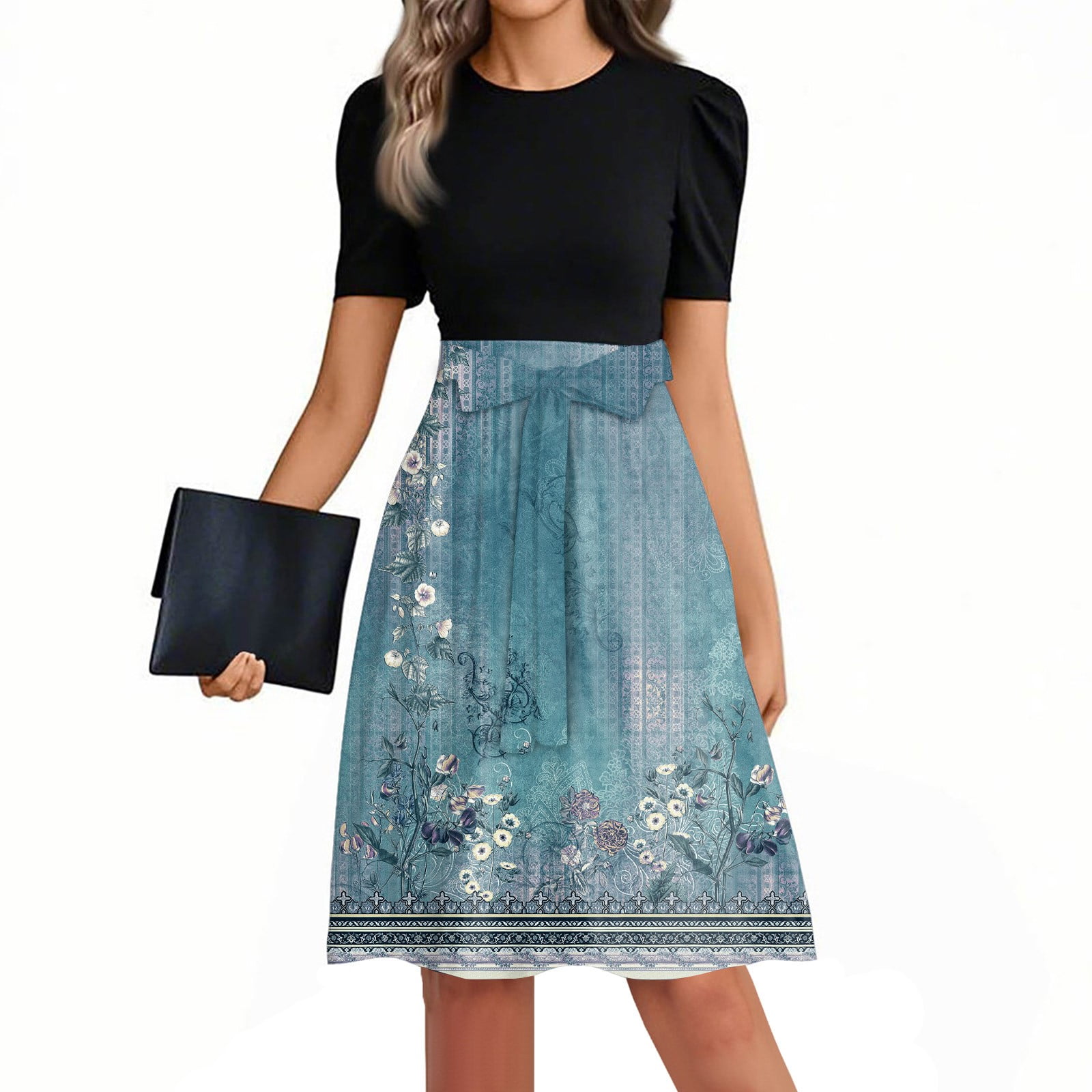 Mlqidk Modest Dresses for Women Puff Sleeve Floral Print Modest Summer ...