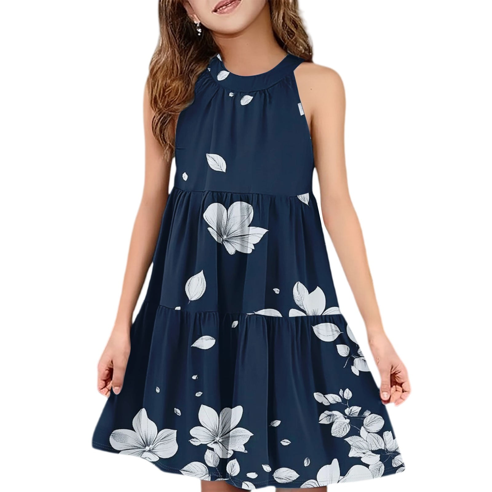 Mlqidk Navy Dresses for Girls Size 10-12 Crew Neck Sleeveless Ruffle ...