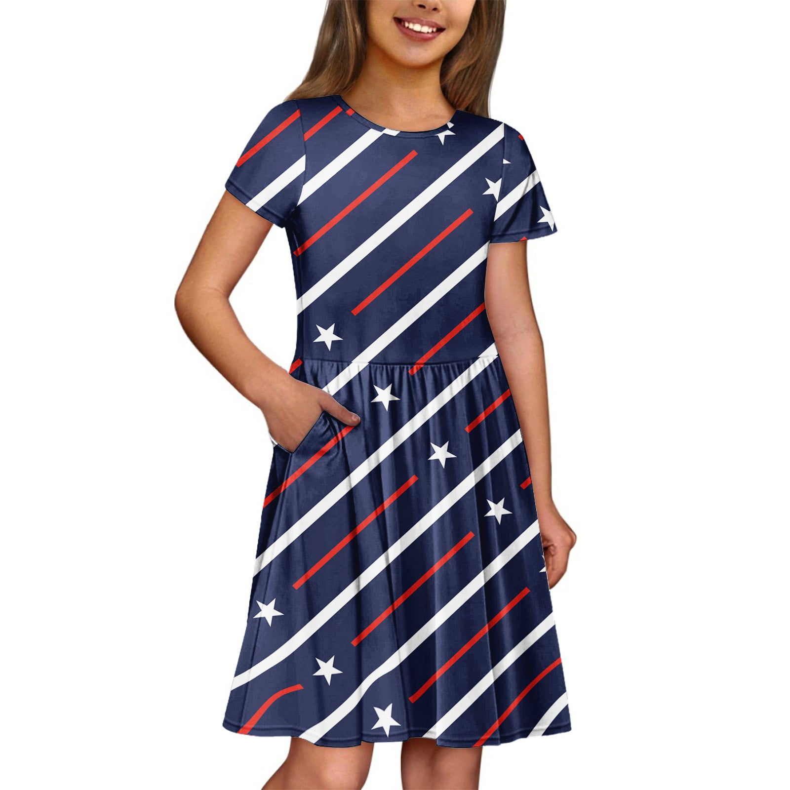 Mlqidk Usa Dresses for Girl Size Casual Short Sleeve Independence Day ...