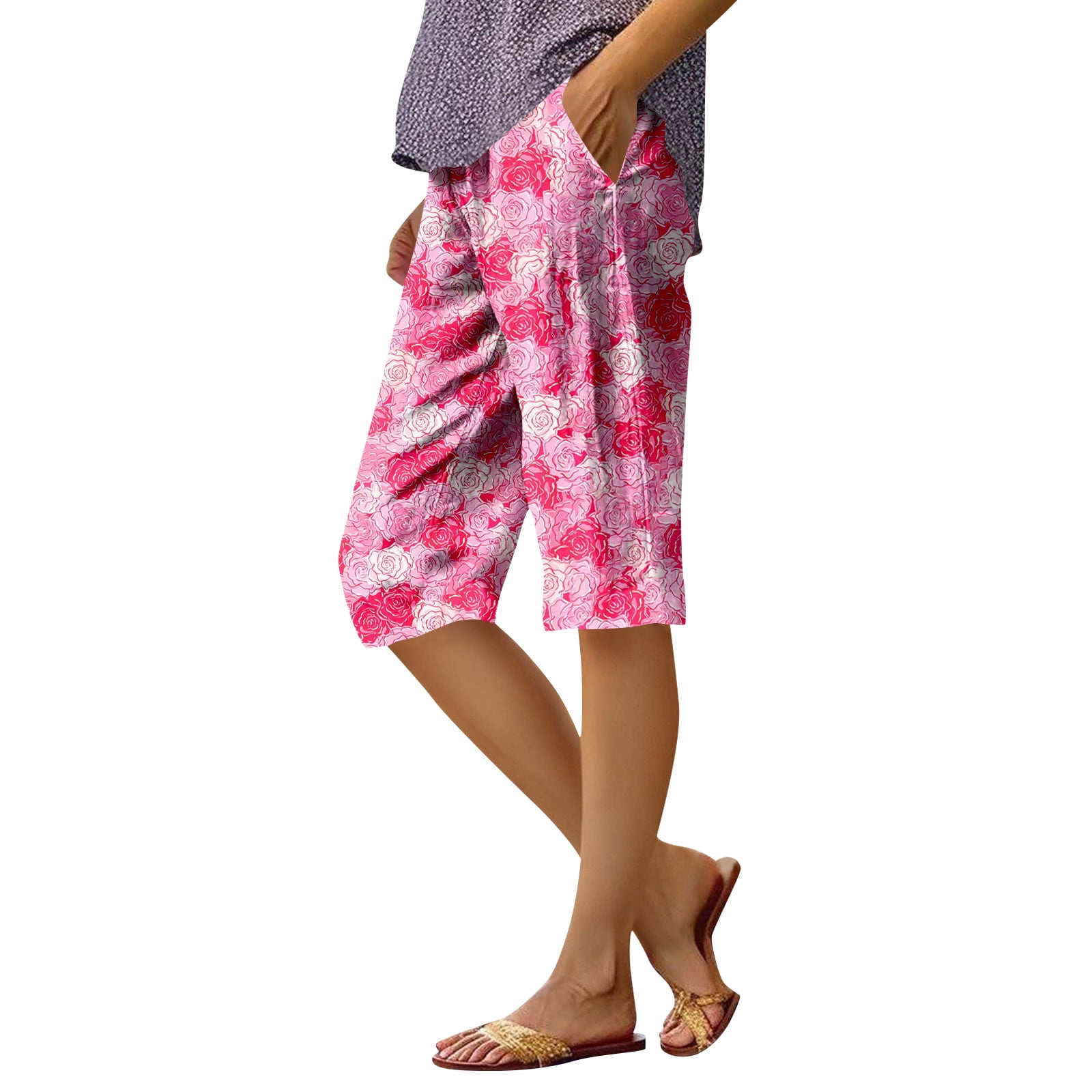 Mlqidk Pink Linen Capri Pants for Women Trendy Summer Floral Bermuda ...