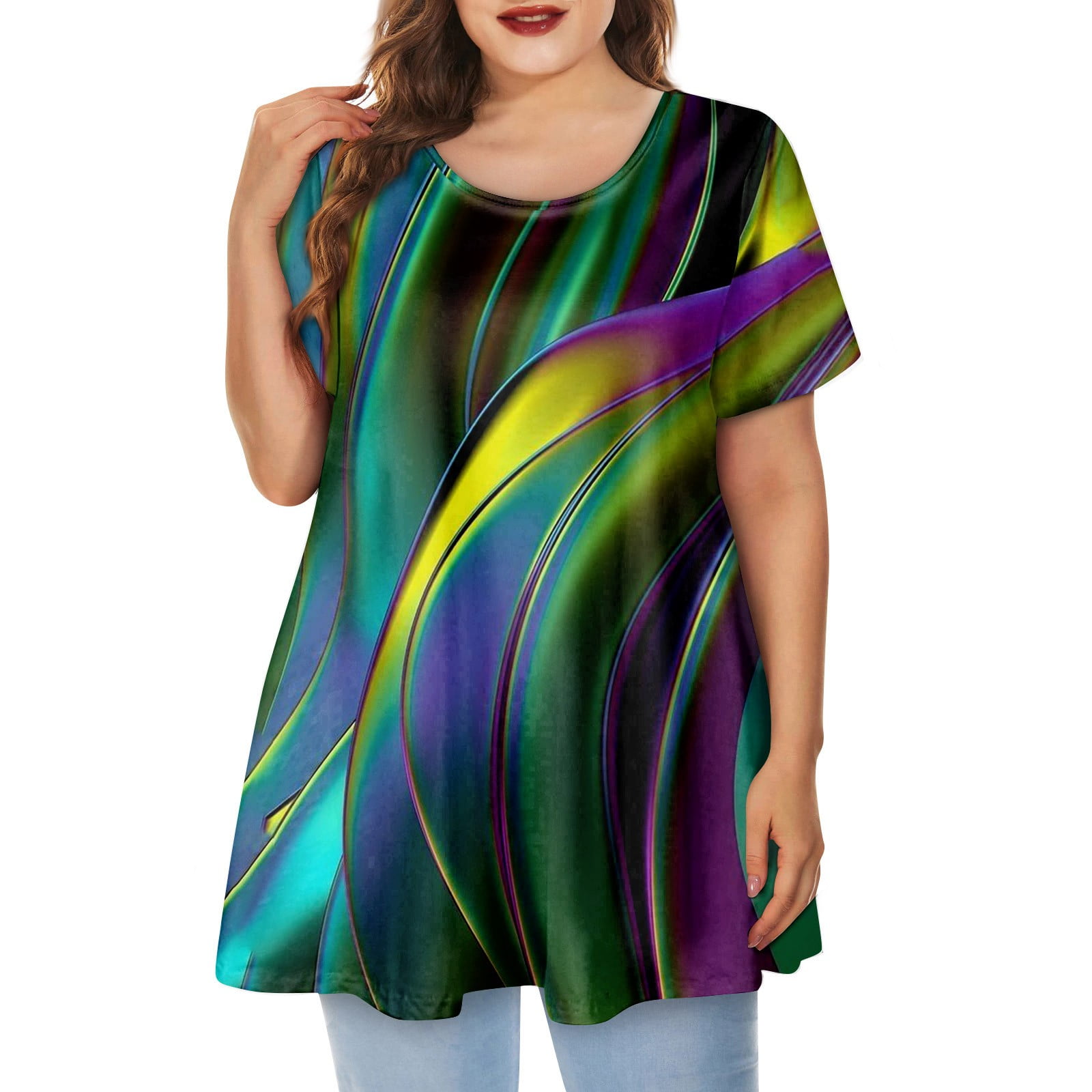 Mlqidk Plus Size Tops for Women Dressy Summer Striped Color Block ...