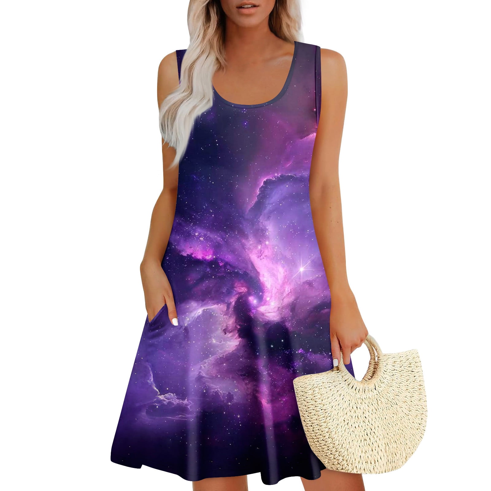 Mlqidk Purple Dresses for Women Boho Floral Scoop Neck Mini Dresses Casual Loose Flutter ...