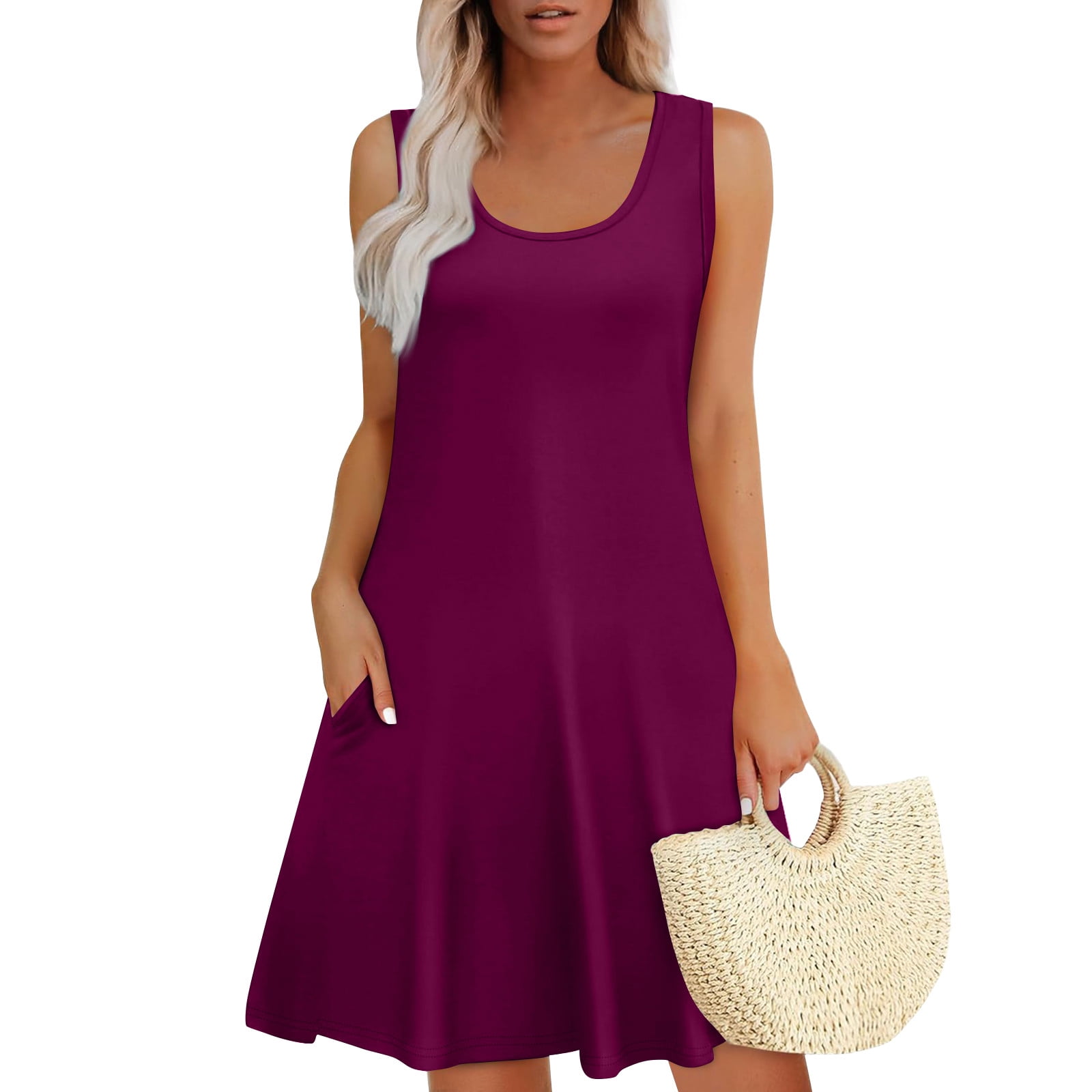 Mlqidk Purple Dresses for Women Flowy Floral Scoop Neck Tank Dress Casual Loose Flutter ...