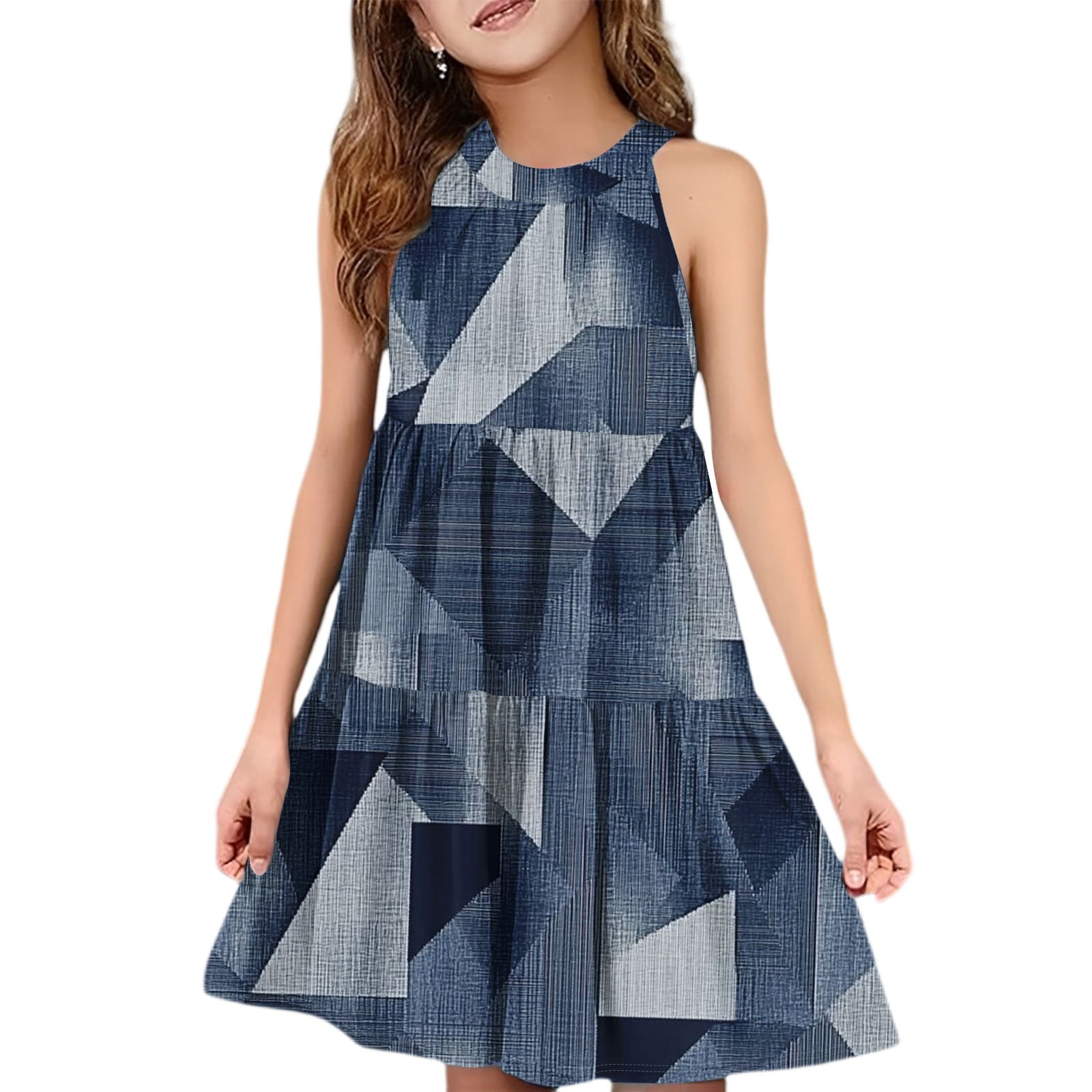 Mlqidk Summer Dresses for Girls Size 10-12 Crew Neck Sleeveless Ruffle ...