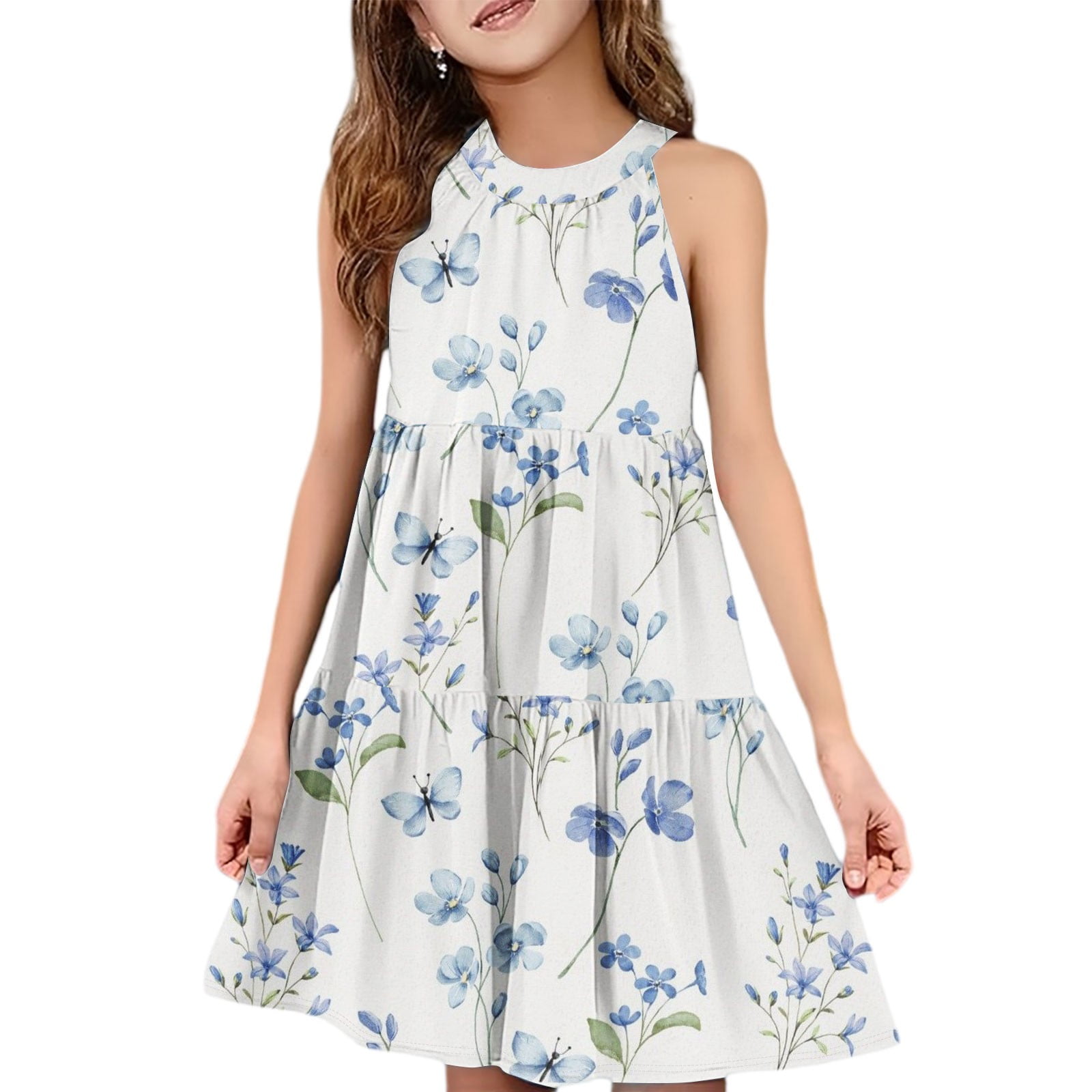 Mlqidk Summer Dresses for Girls Size 10-12 Crew Neck Sleeveless Ruffle ...