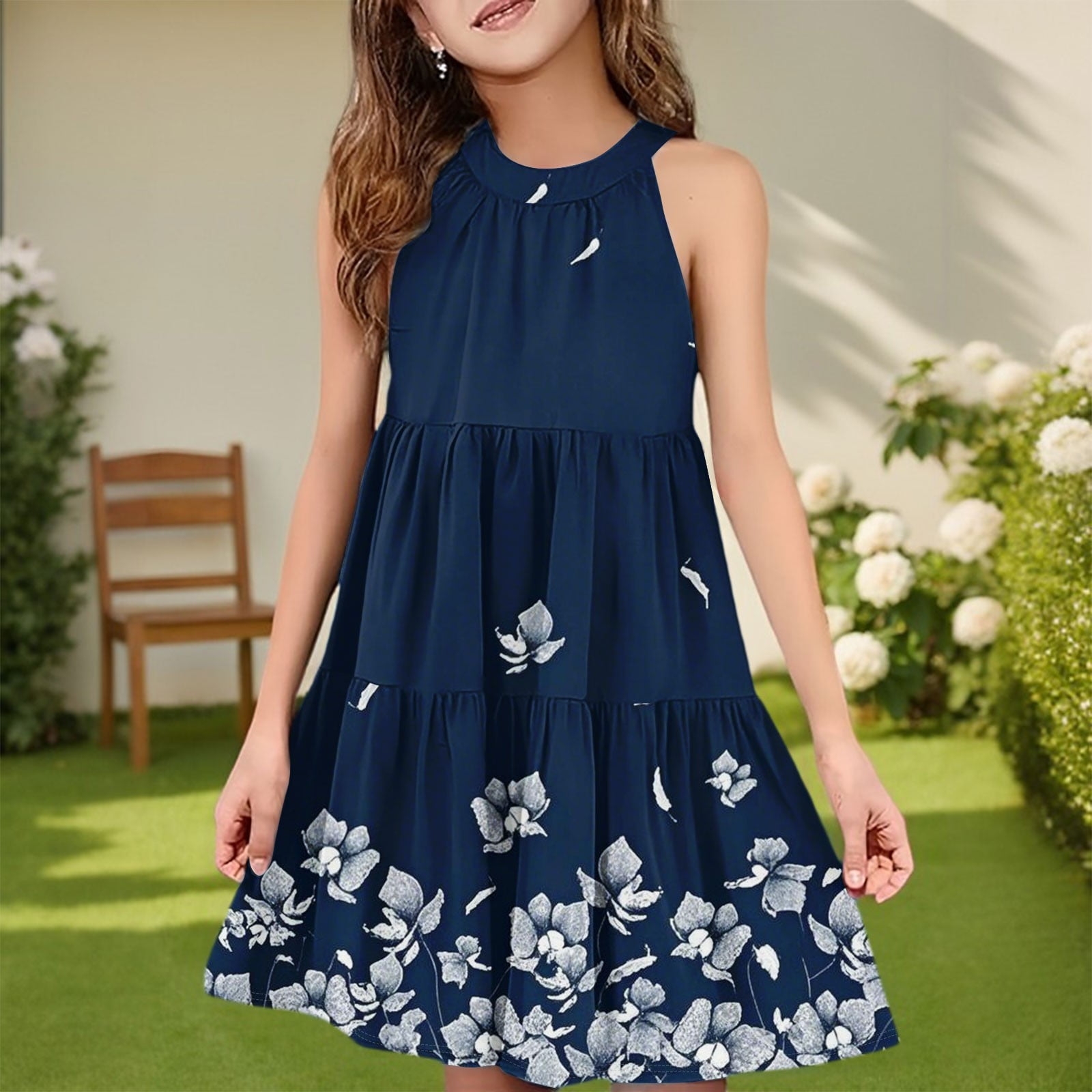 Mlqidk Summer Dresses for Girls Size 10-12 Crew Neck Sleeveless Ruffle ...