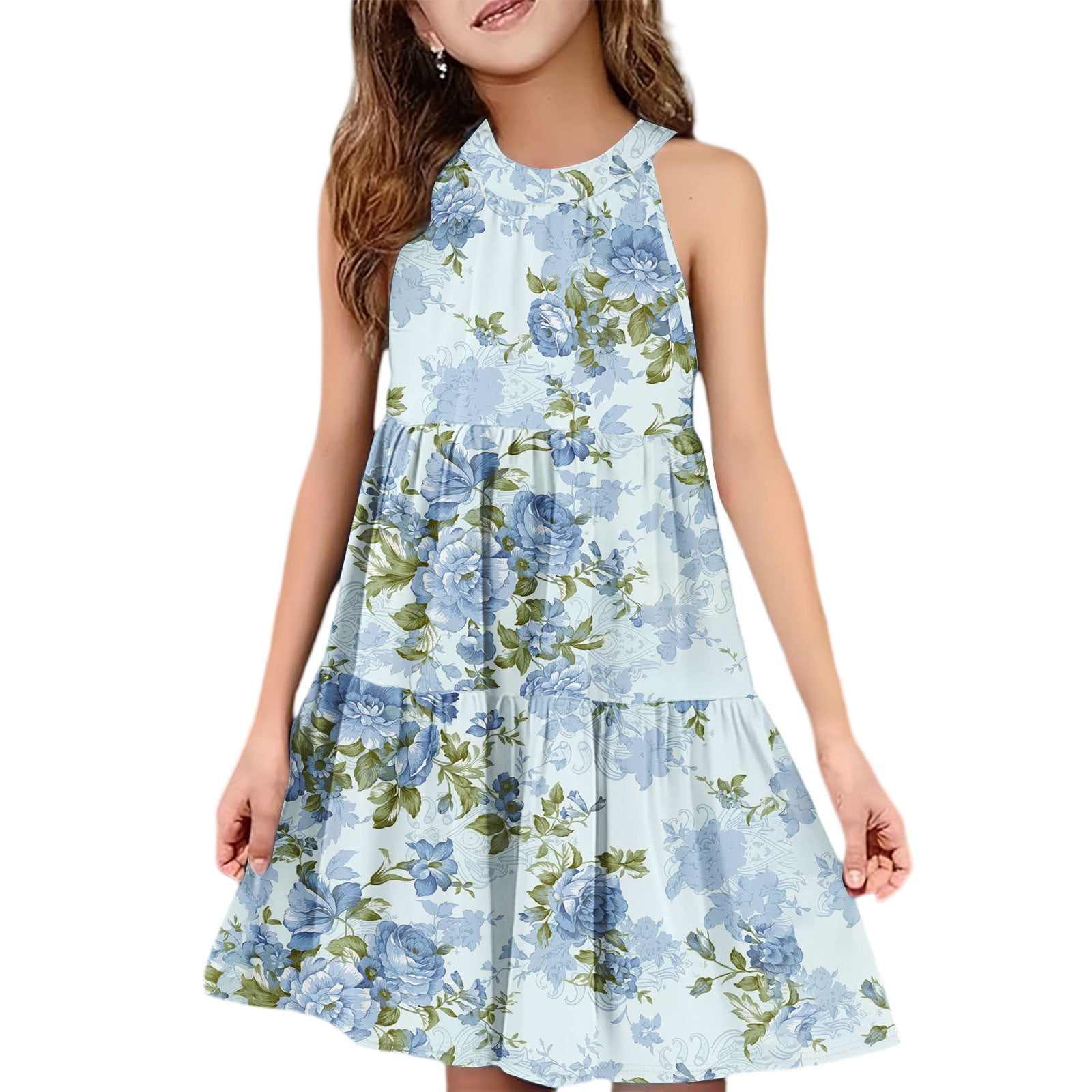 Mlqidk Summer Dresses for Girls Size 10-12 Crew Neck Sleeveless Ruffle ...