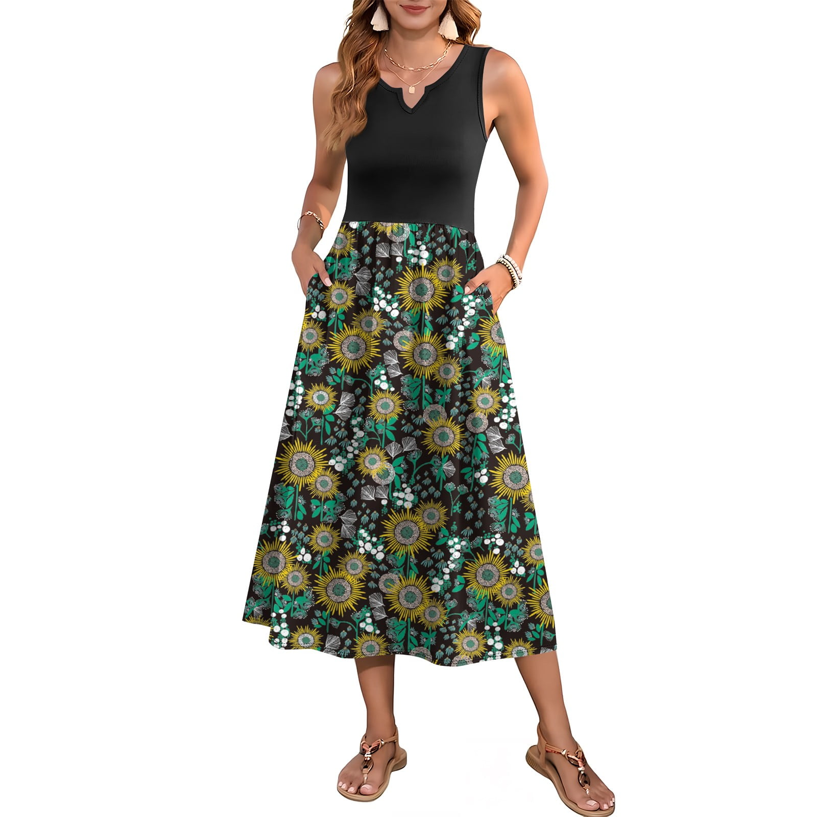 Mlqidk Summer Dresses for Women 2025 Boho Floral V Neck A Line Long ...
