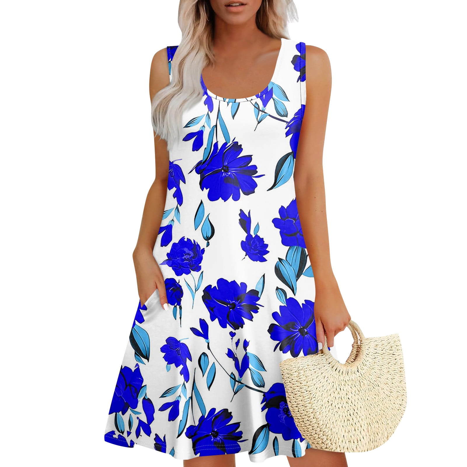 Mlqidk Summer Dresses for Women 2025 Casual Scoop Neck Flutter Sleeveless Tank Dress Boho Floral ...