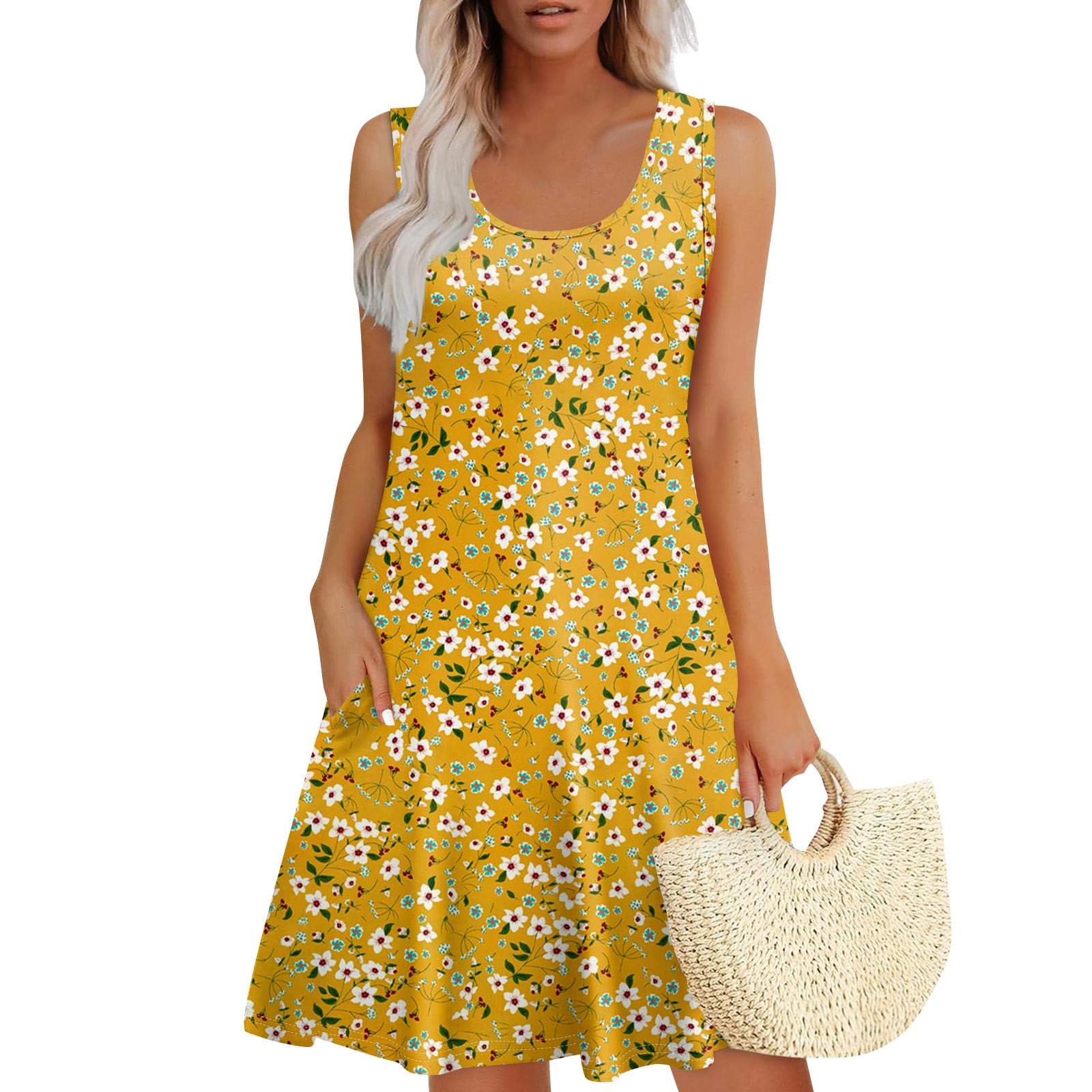 Mlqidk Summer Dresses for Women Scoop Neck Casual Loose Short Dress ...