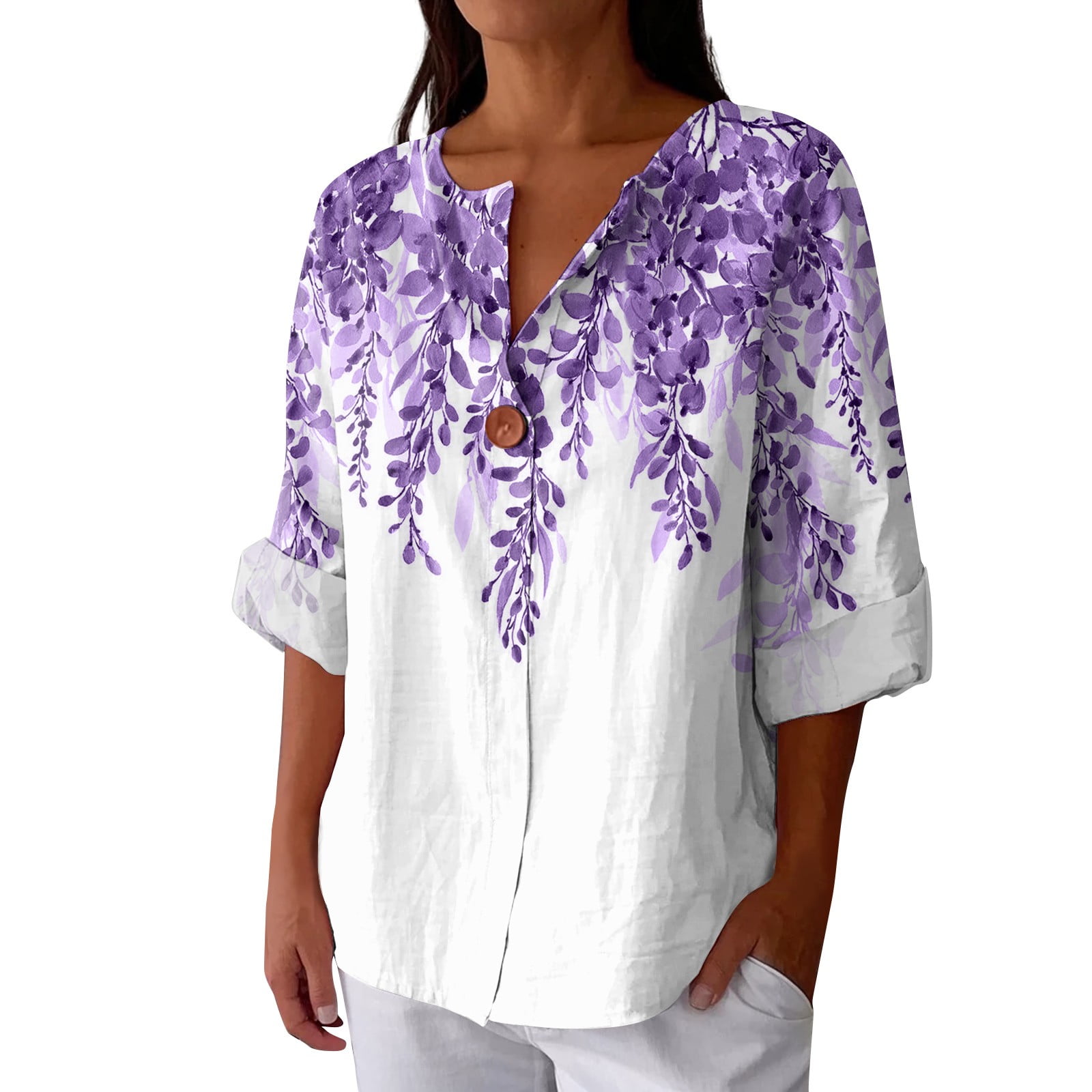 Mlqidk Summer Tops for Women Casual Button Down 3/4 Length Sleeves ...
