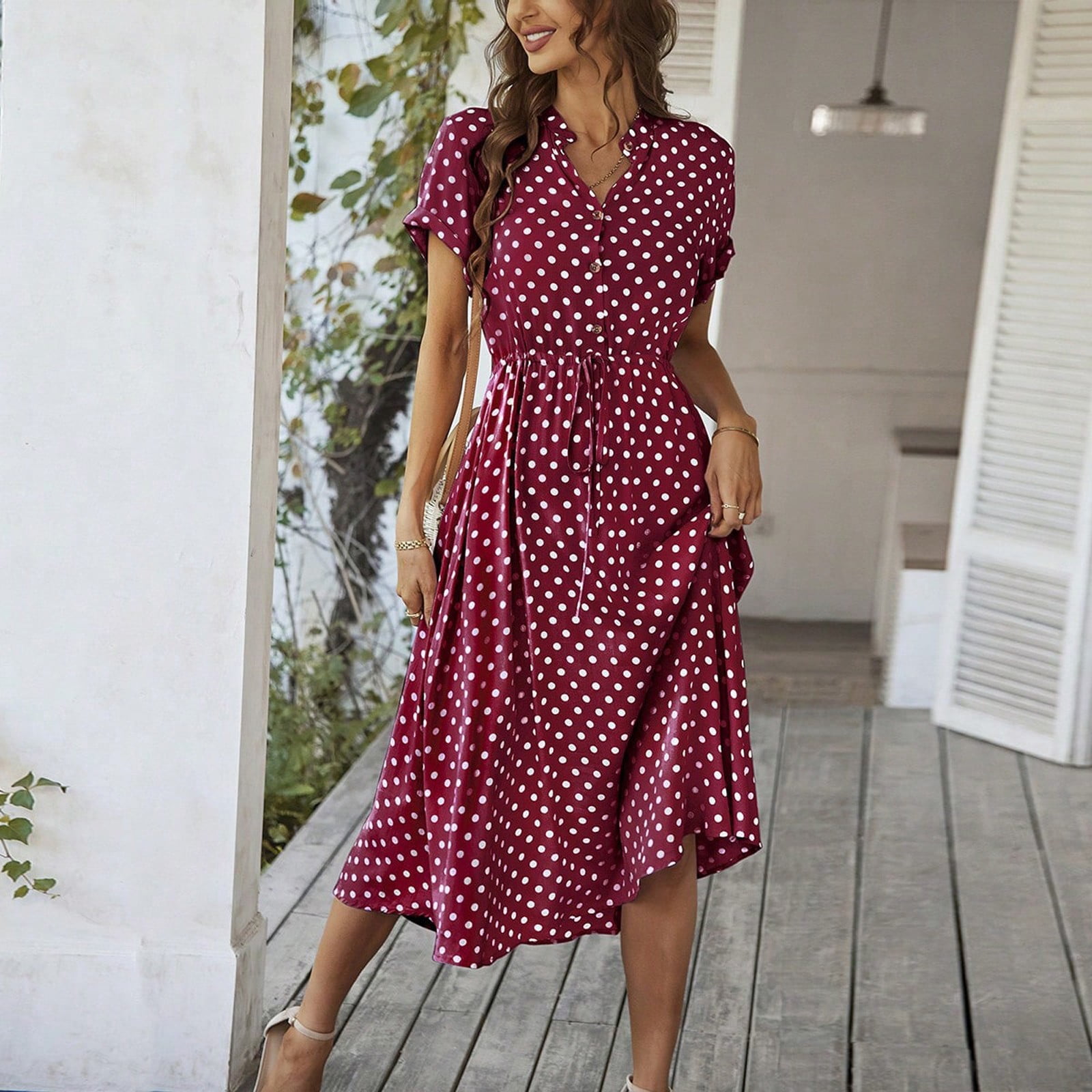 Mlqidk Sundress for Women 2025 Boho Button Down Polka Dot Dress Casual ...