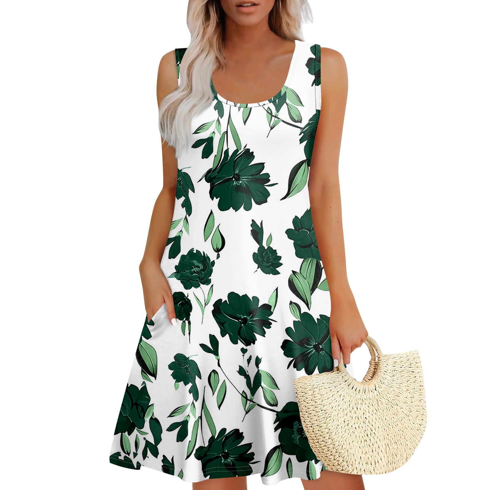Mlqidk Sundresses for Women Casual Scoop Neck Flutter Sleeveless Tank Dress Flowy Floral Plus ...