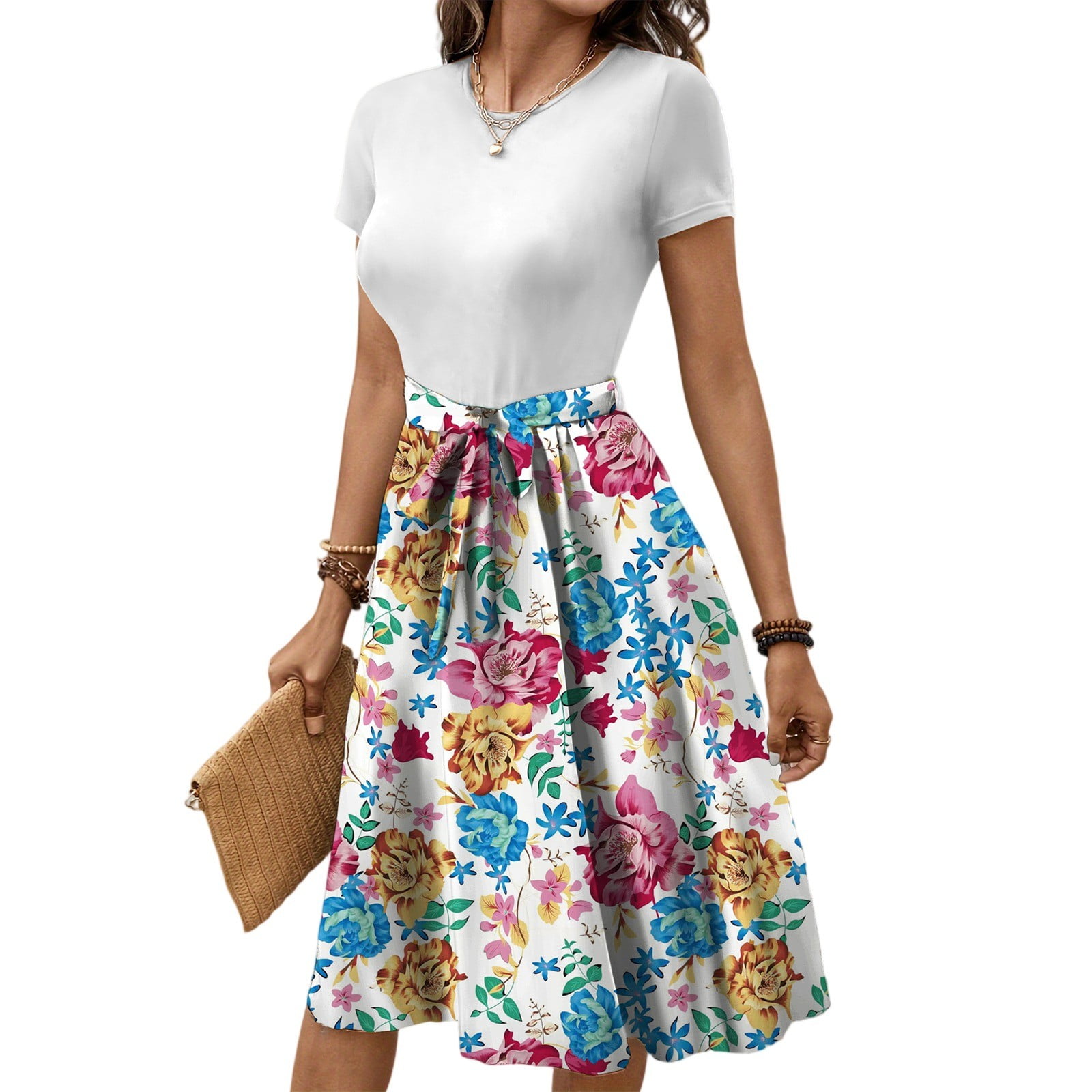 Mlqidk Sundresses for Women Crew Neck A Line Casual Loose Dress Short ...