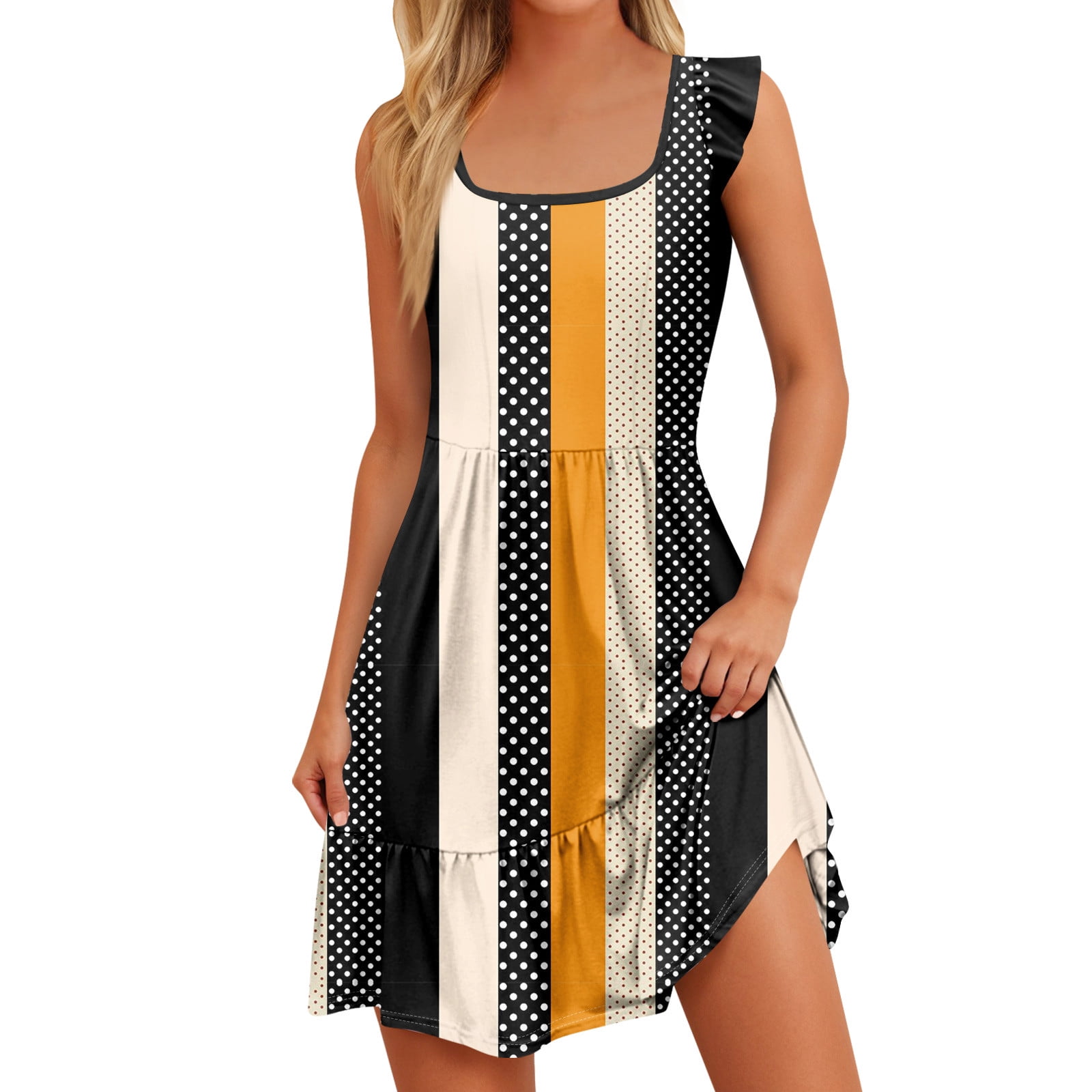 Mlqidk Sundresses for Women Square Neck Smocked Ruffle Casual Loose ...