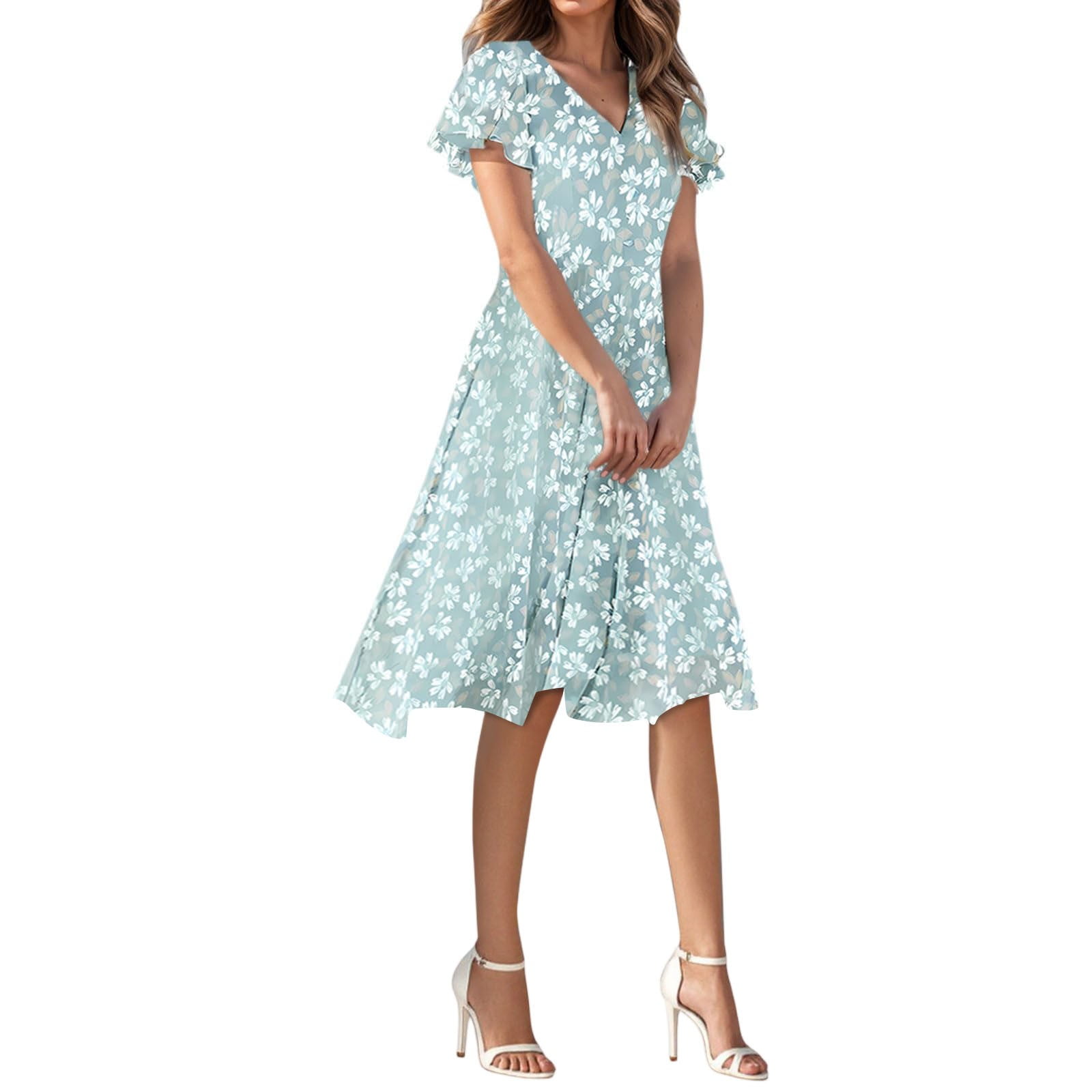 Mlqidk Sundresses for Women 2025 Casual Floral Print Ruffle Sleeve Midi ...