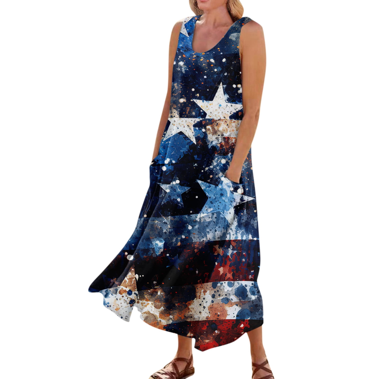 Mlqidk Sundresses for Women 2025 Patriotic Crew Neck Tank Dresses Boho ...