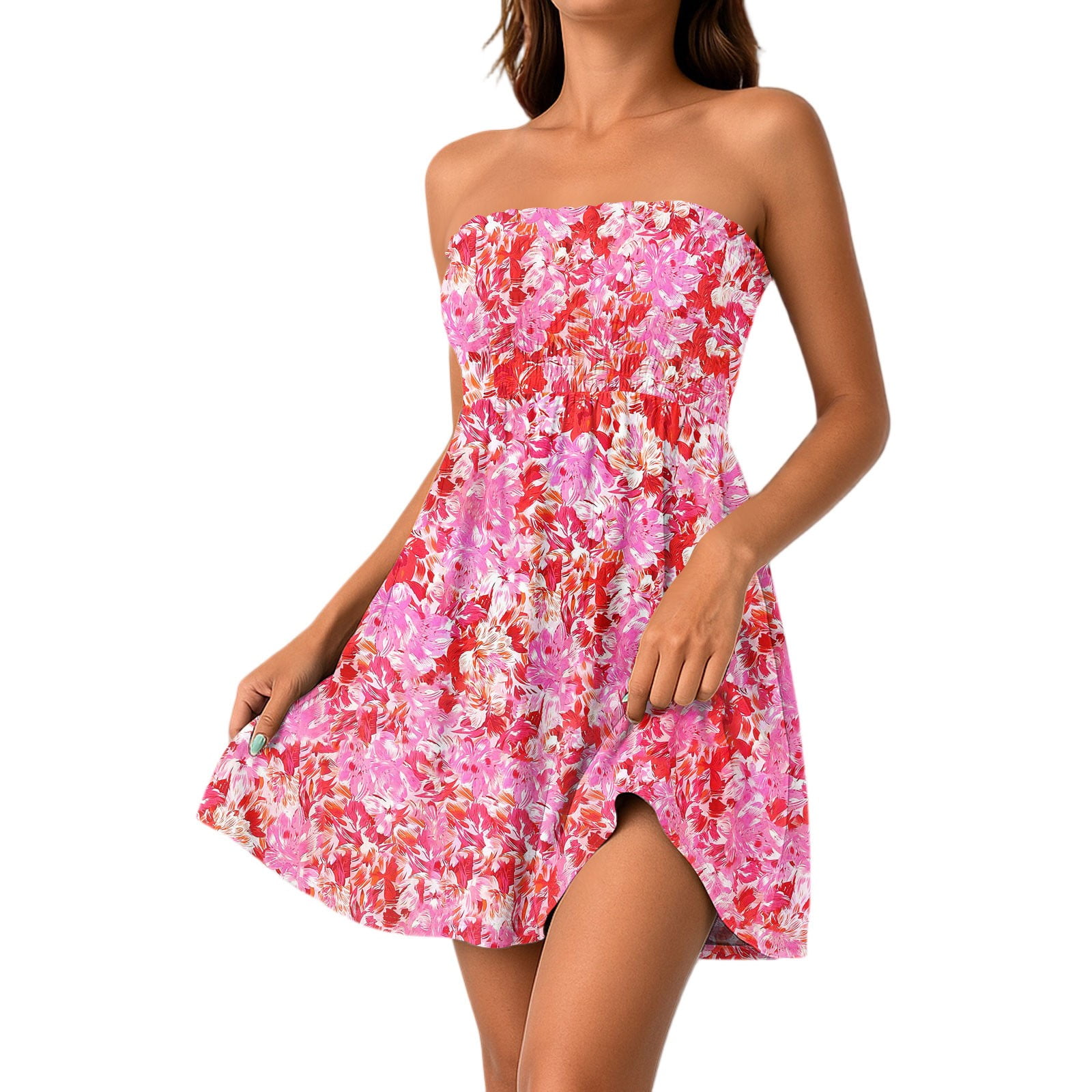 Mlqidk Sundresses for Women 2025 Plus Size Floral Print Strapless Dress Sexy Backless Tube Top ...