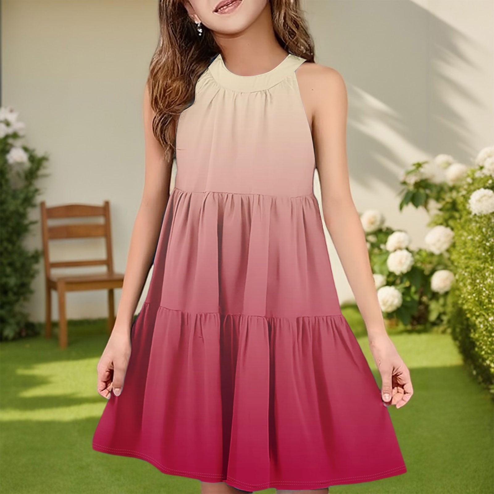 Mlqidk Teen Girl Dresses Size 10-12 Crew Neck Sleeveless Ruffle Preppy ...