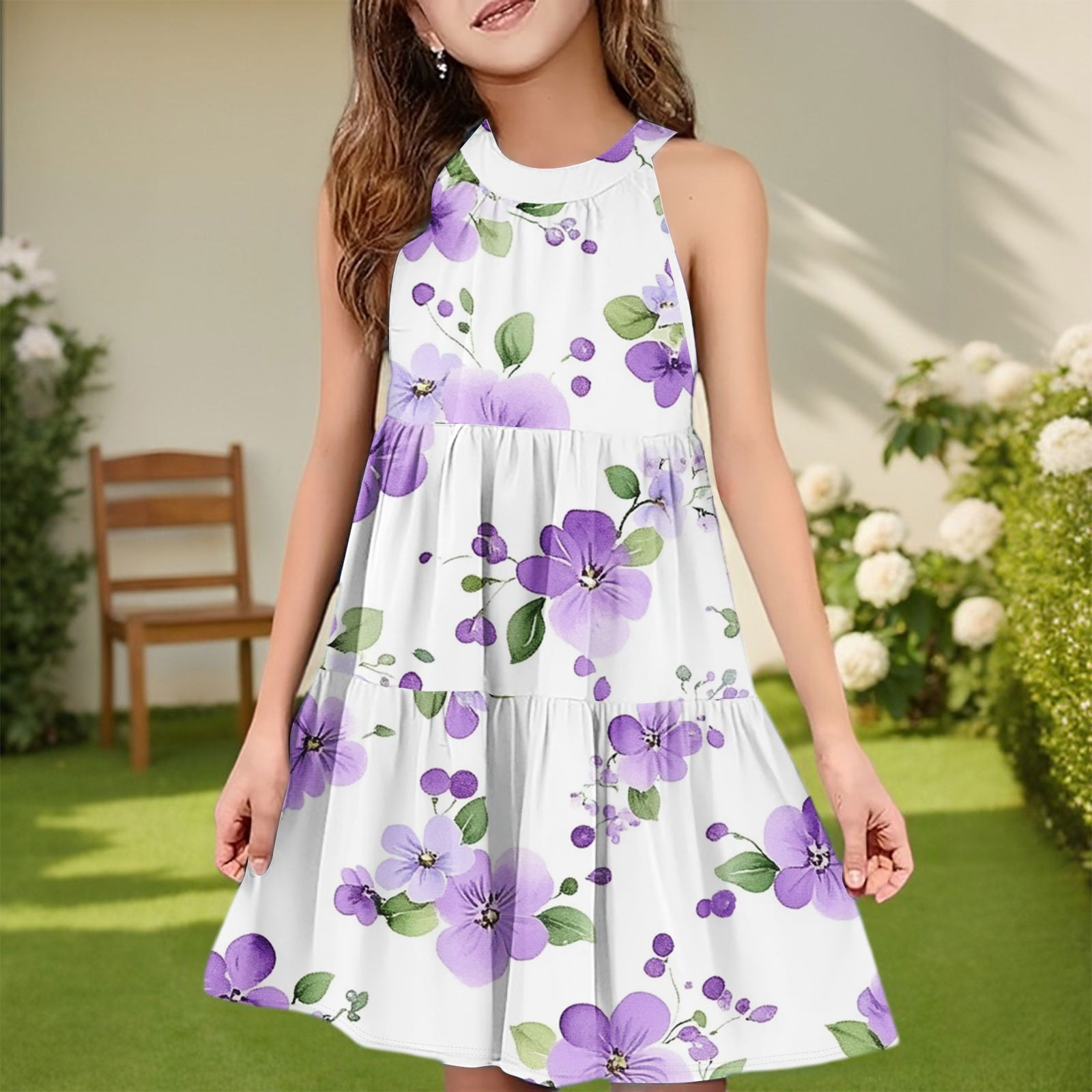 Mlqidk Teen Girl Dresses Size 10-12 Crew Neck Sleeveless Ruffle Tie ...