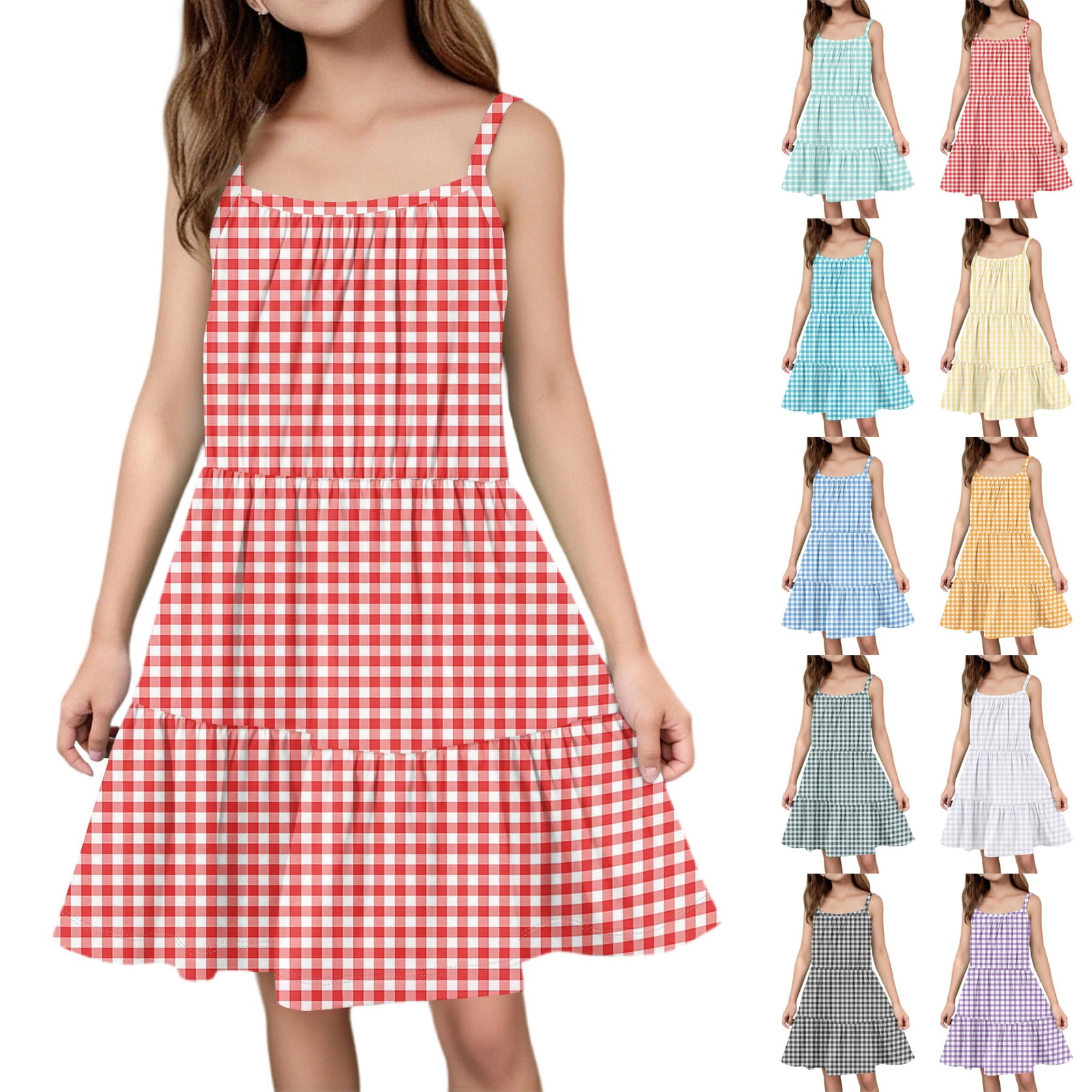 Mlqidk Tween Girl Clothes Size 10-12 Beach Ruffle Plaid Sleeveless ...